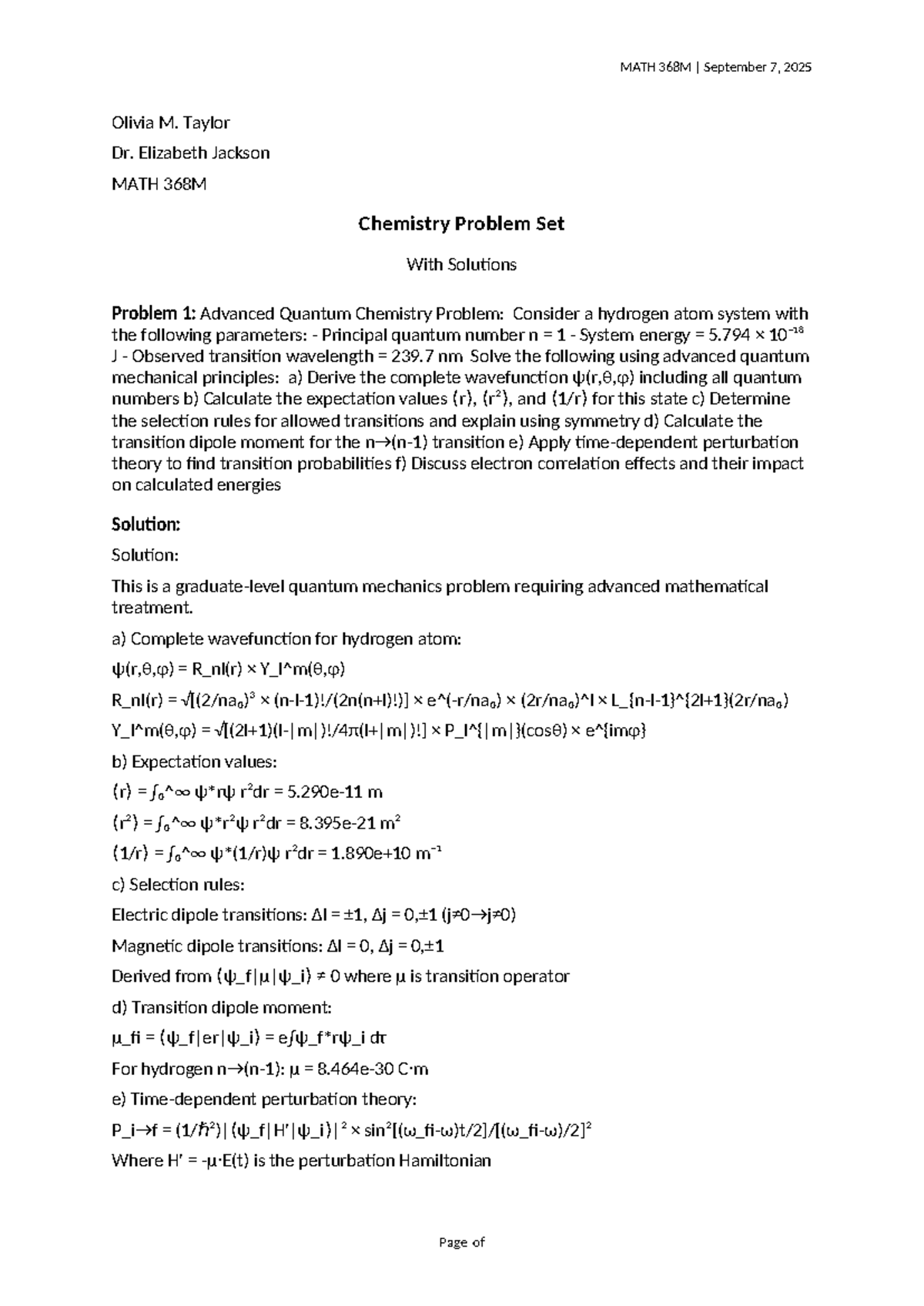 MATH 368M Advanced Quantum Chemistry Problem Set Solutions - Studocu