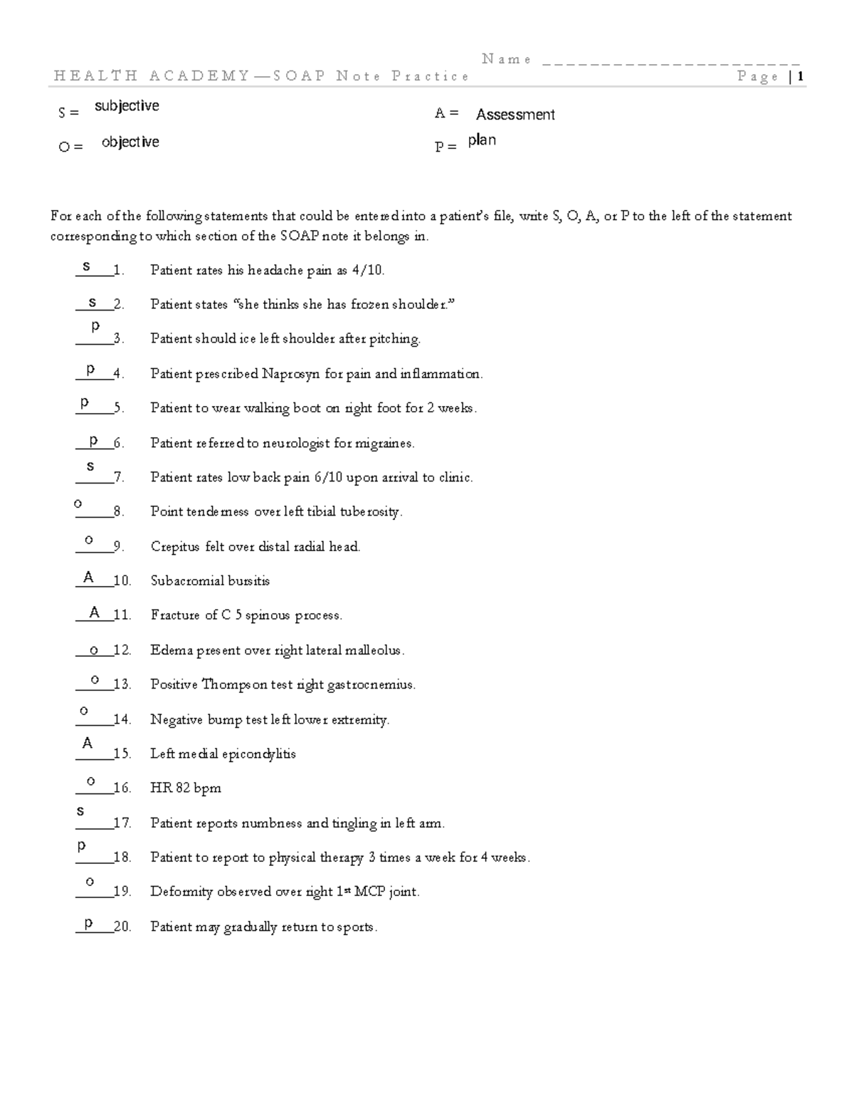 HEALTH SOAP Note Practice: S, O, A, P Assessment and Scenarios - Studocu