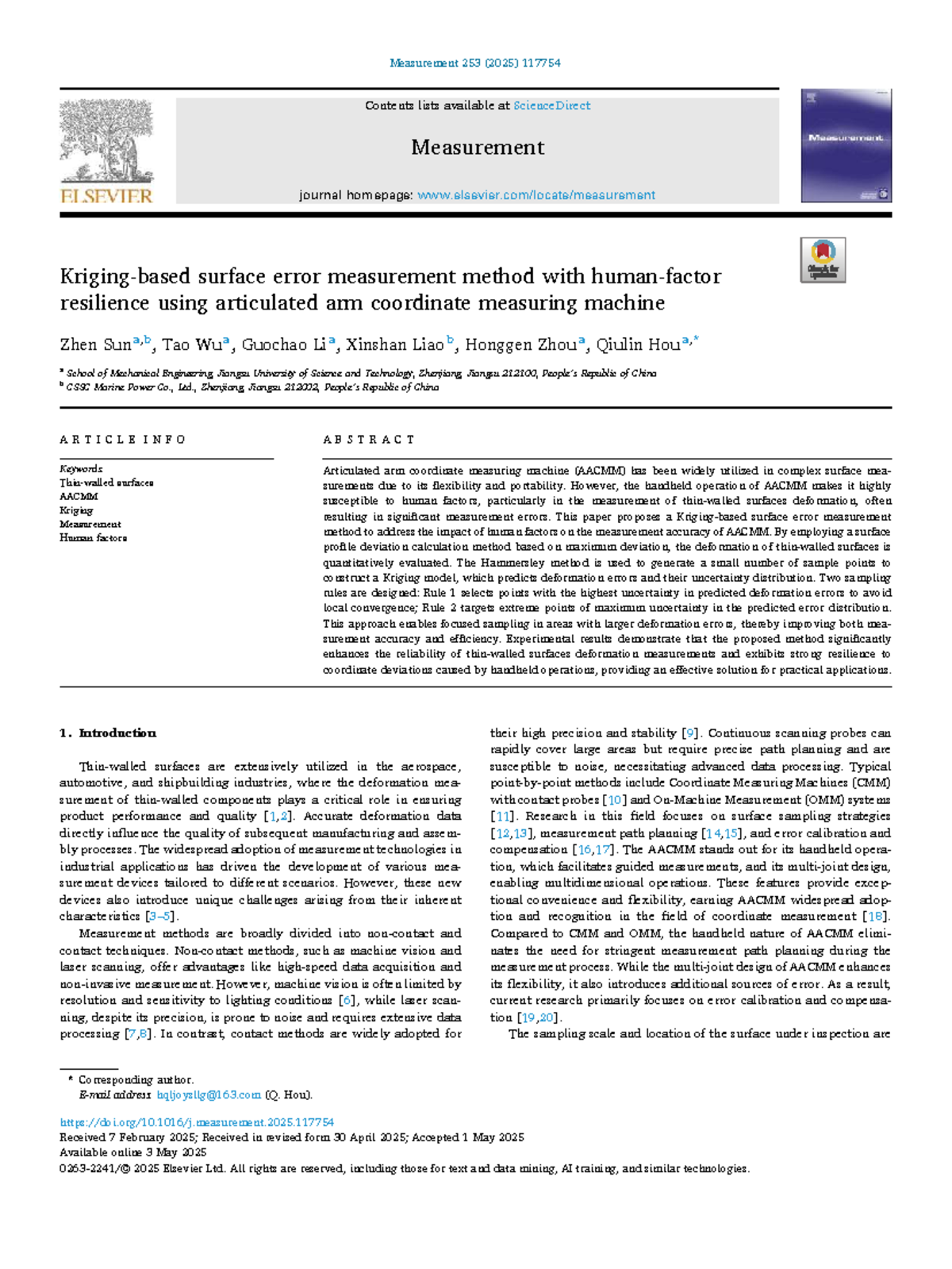 Kriging-Based Surface Error Measurement Method for AACMM (MEAS 253 ...
