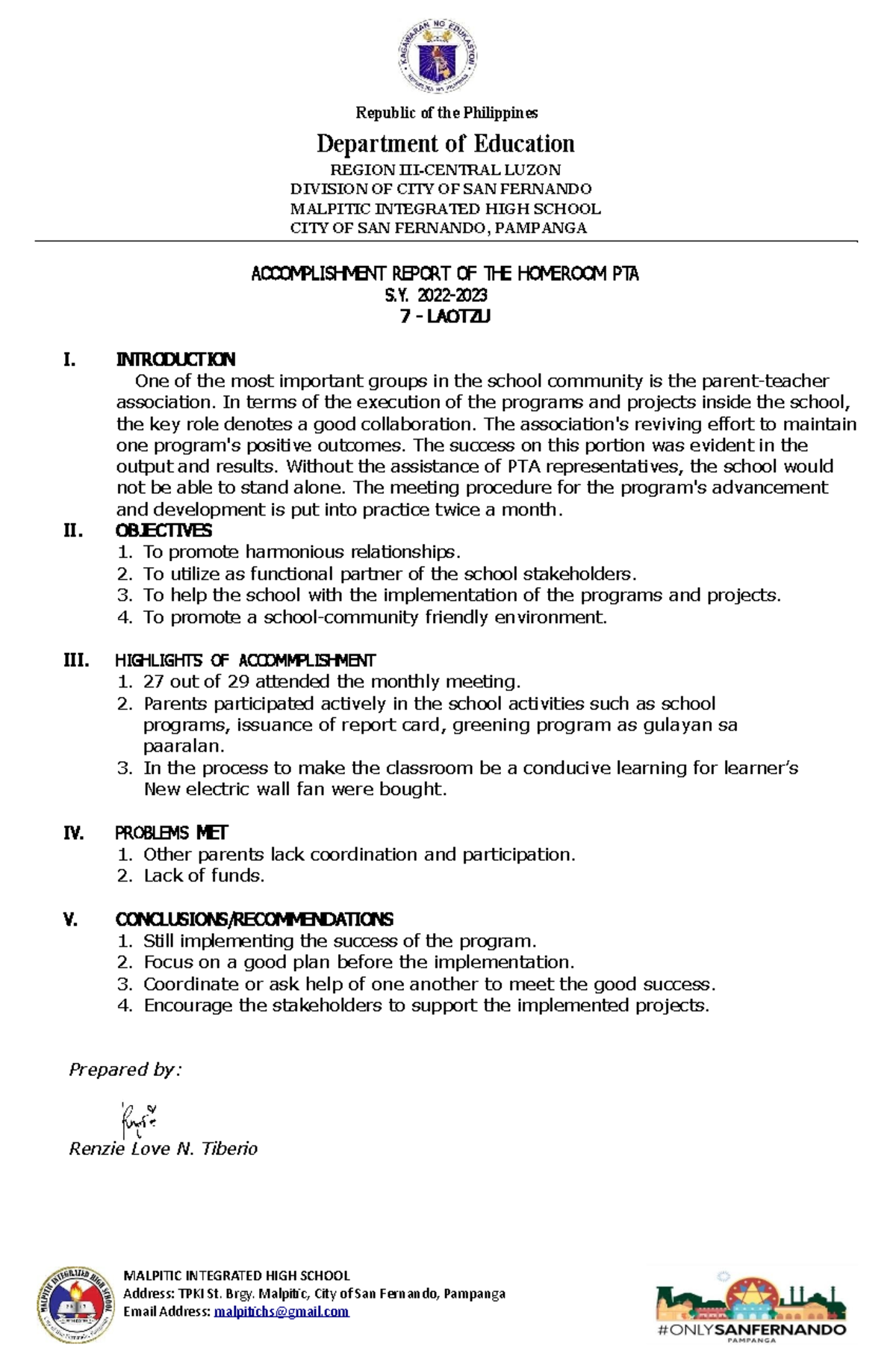 Accomplishment Report of the Homeroom PTA (S.Y. 2022-2023, 7-LAOTZU ...