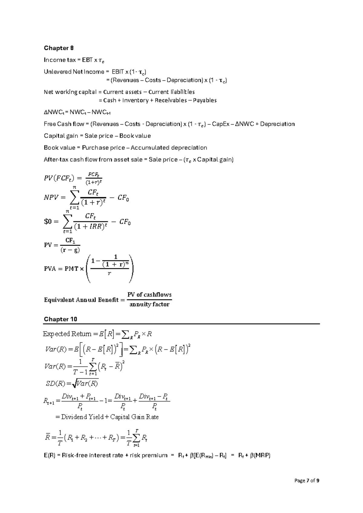 Formula Sheet - For Mid-Sem Exam: Income Tax & Portfolio Analysis - Studocu