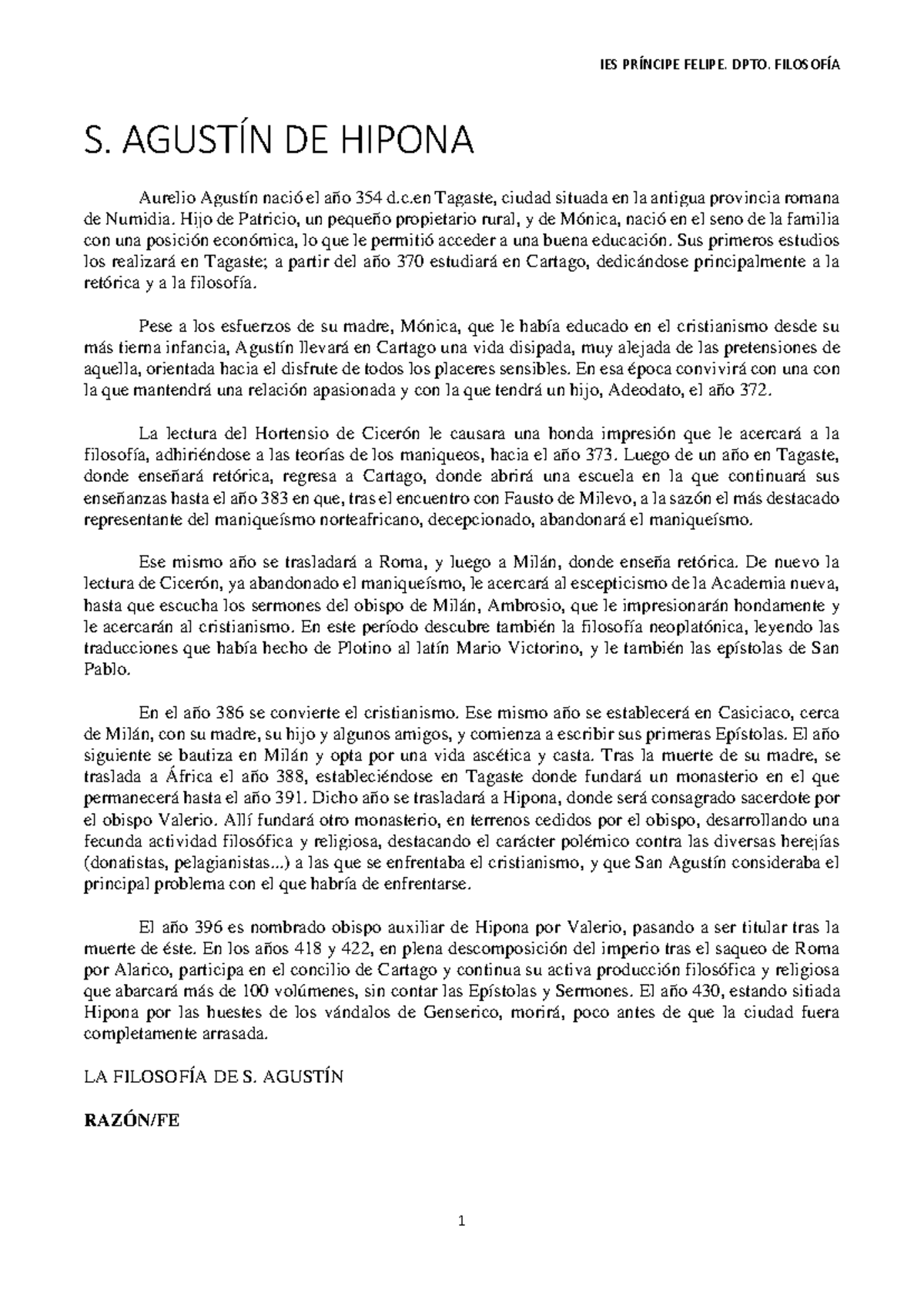 Apuntes S - dsfsadf - S. AGUSTÍN DE HIPONA Aurelio Agustín nació el año ...