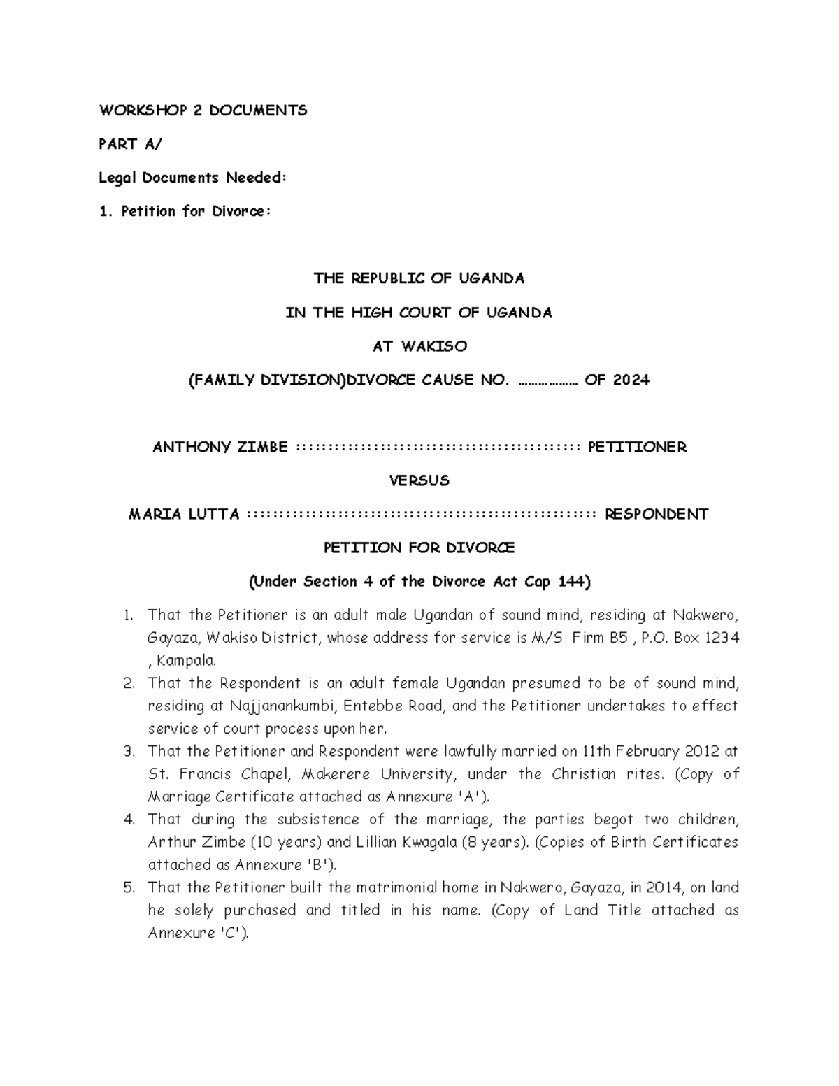 Workshop 2 Family LAW Practice B5 Essential Legal Documents - Studocu