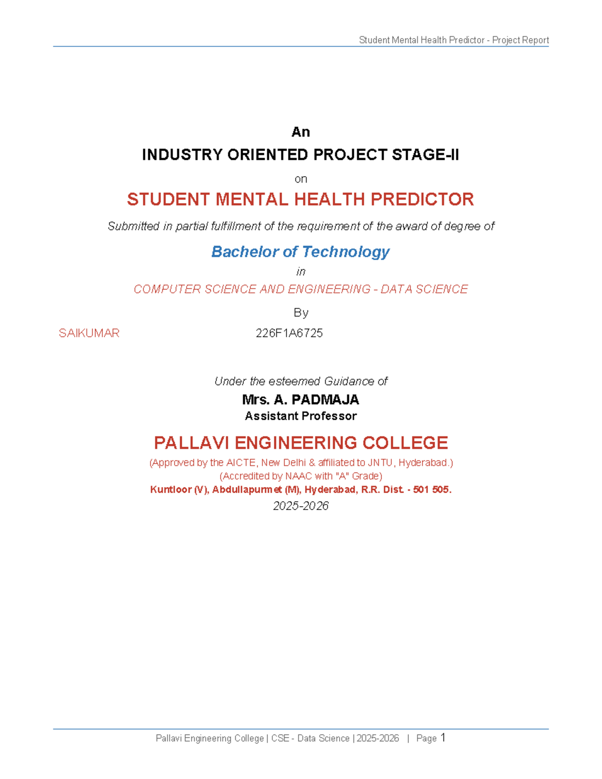 CSE 226F1A6725: Student Mental Health Predictor Project Report - Studocu