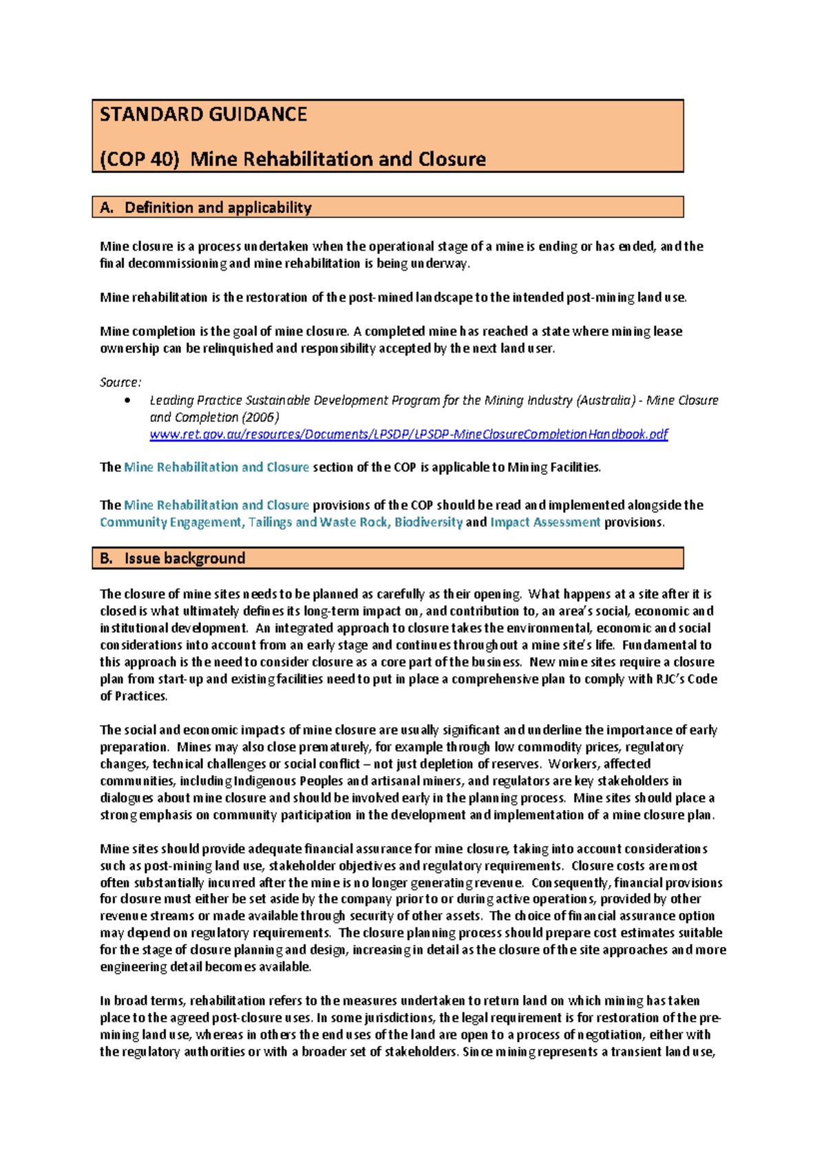 Mine Rehabilitation and Closure Guidance (COP 40) Draft Version 1 - Studocu