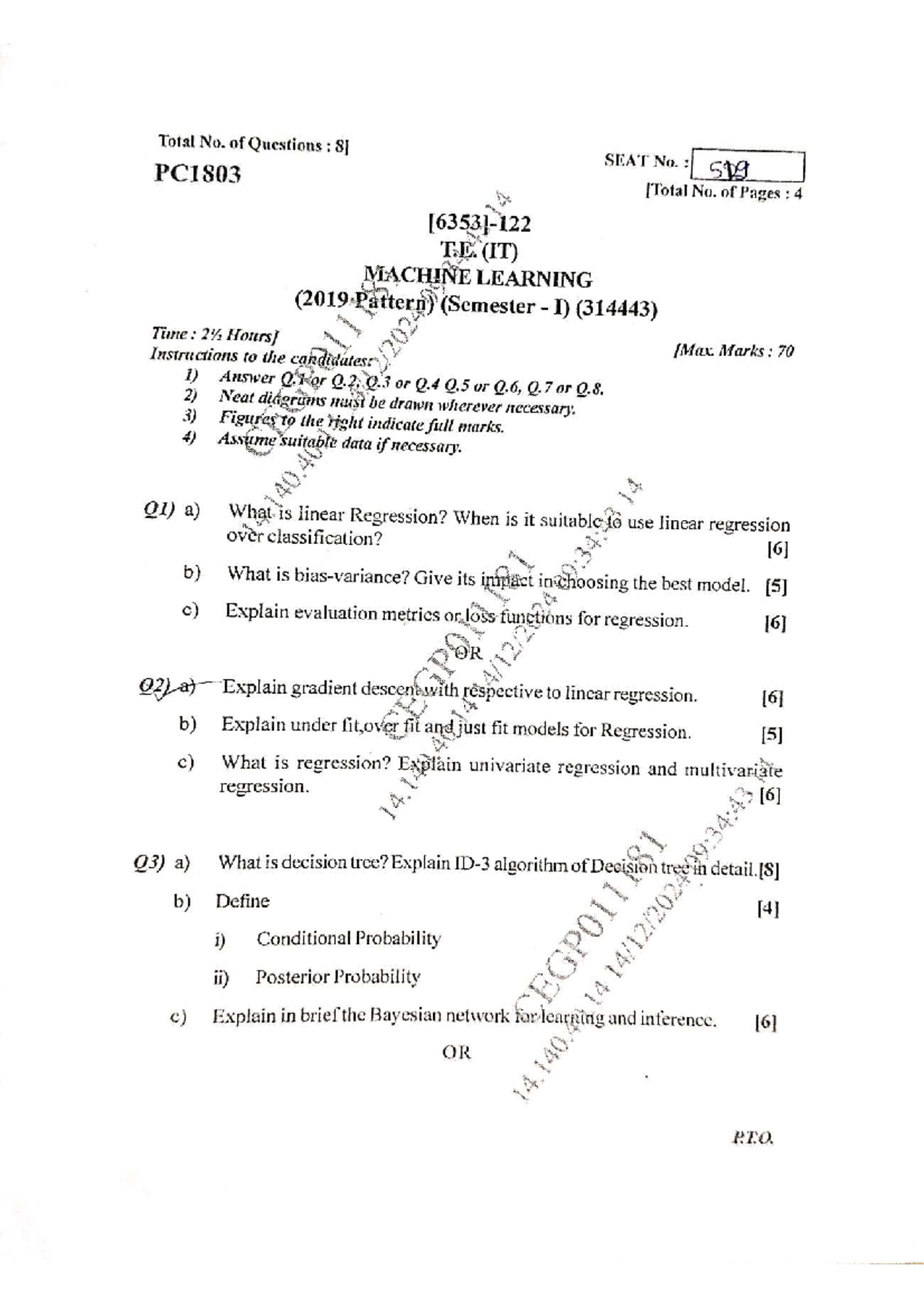 TE PC1803 Machine Learning Question Paper - Semester I (2019) - Studocu