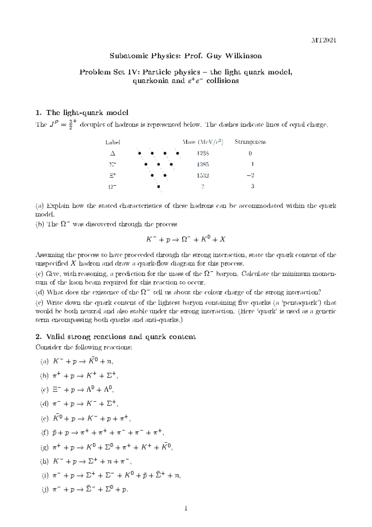 Subatomic probs 4 2024 - Problem set - MT Subatomic Physics: Prof. Guy ...