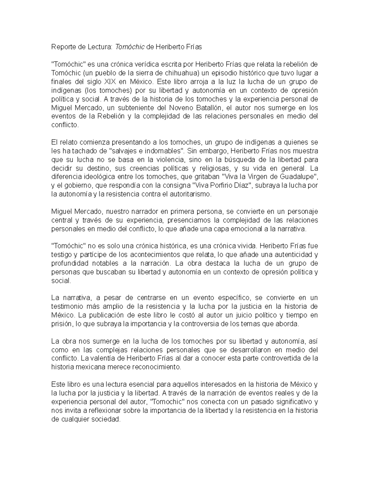 Reporte de Lectura: Tomóchic de Heriberto Frías - Historia y Lucha ...