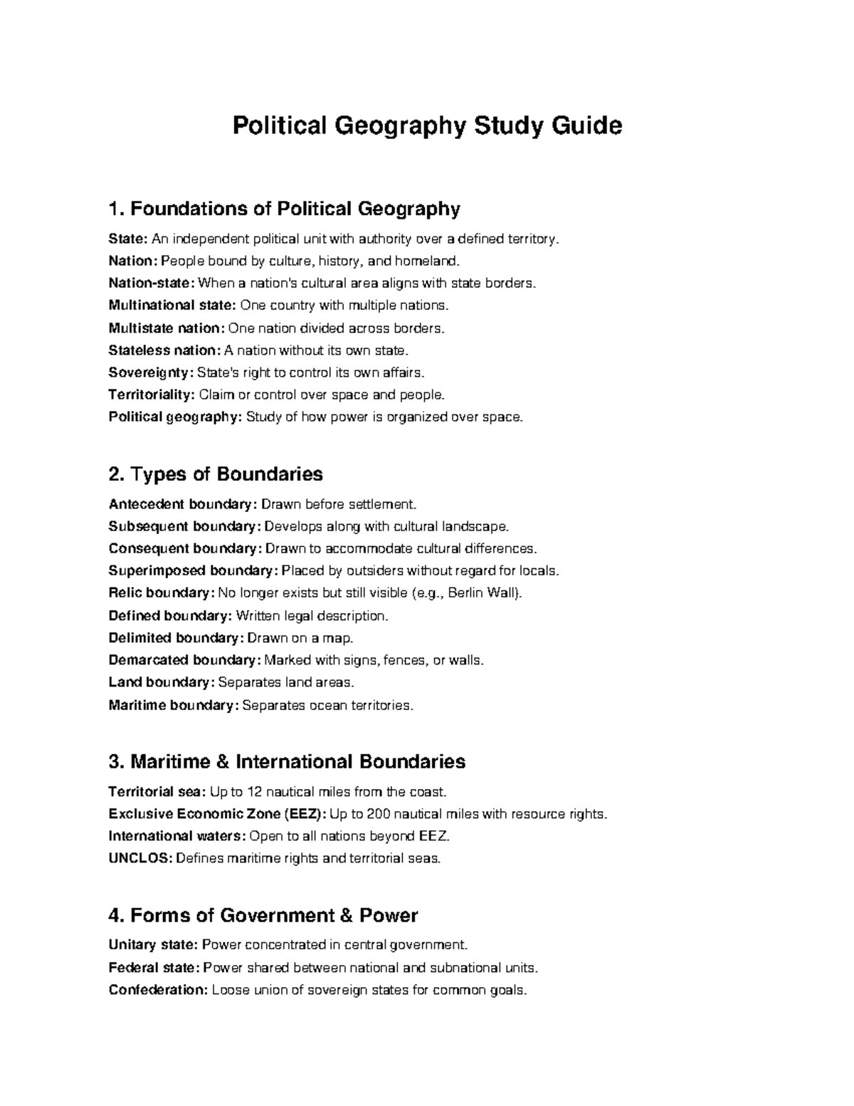 Political Geography Study Guide 1: Key Concepts and Terms - Studocu
