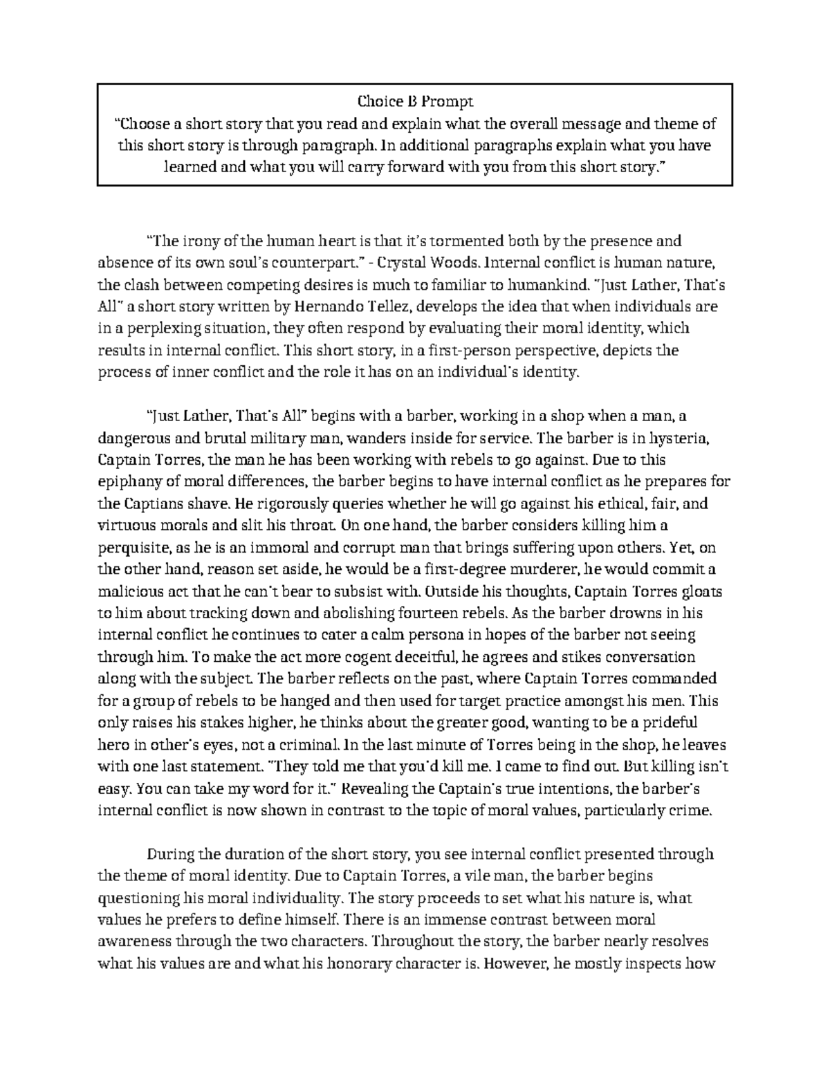 ELA 101 Final Assignment: Analyzing Internal Conflict in "Just Lather ...