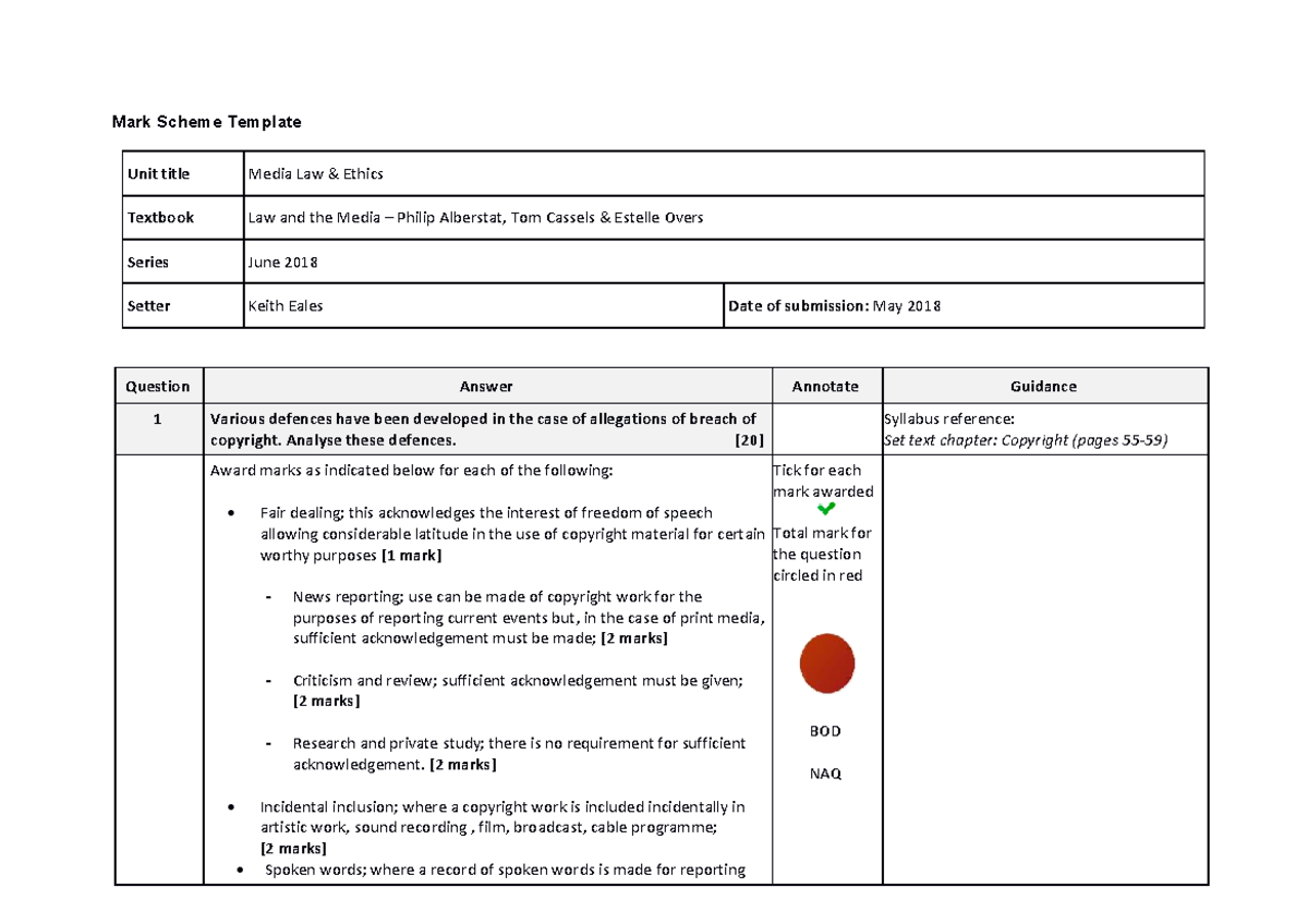 Media Law Ethics - Mark Scheme Template for Unit Assessment - Studocu