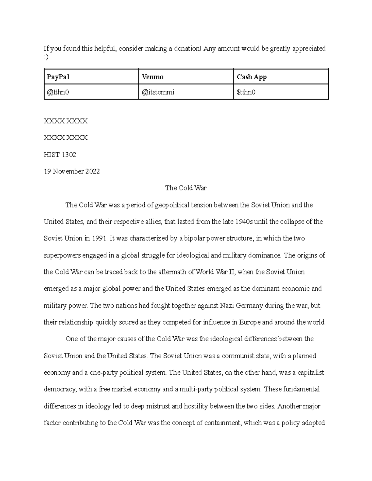 HIST 1302: The Cold War Essay - Causes, Events, and Impact - Studocu