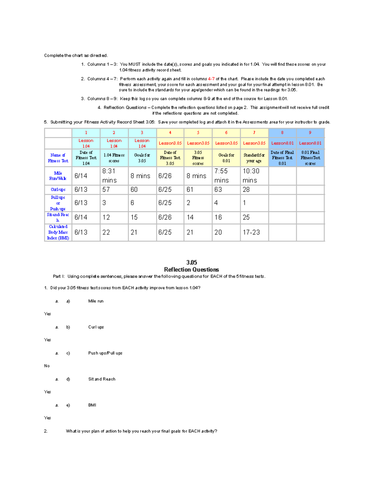 How Fit Are You - PE assignment - Complete the chart as directed. 1. Columns 1 – 3: You MUST ...