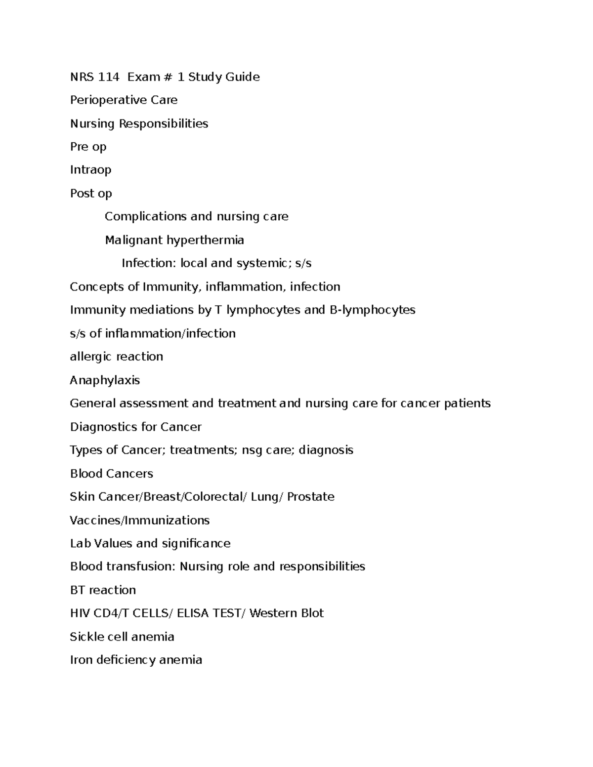NRS 114 Exam1 Study guide - NRS 114 Exam # 1 Study Guide Perioperative ...
