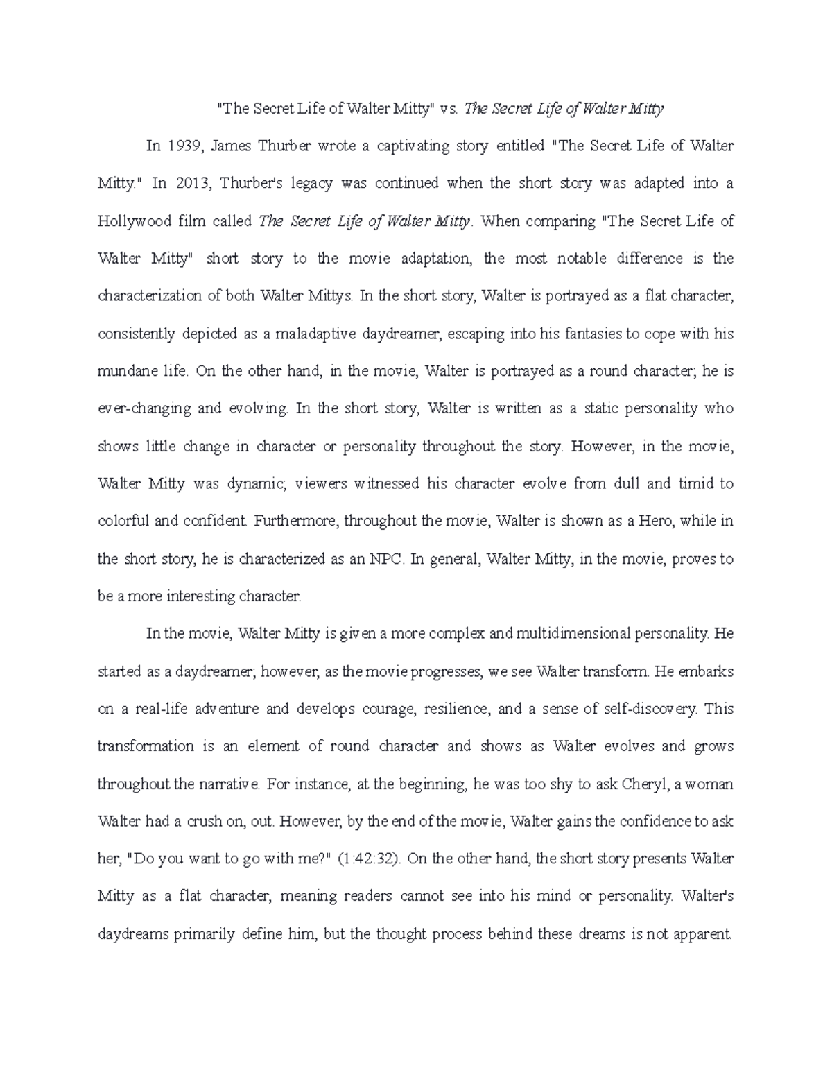 ENG 101: Comparative Analysis of "The Secret Life of Walter Mitty ...
