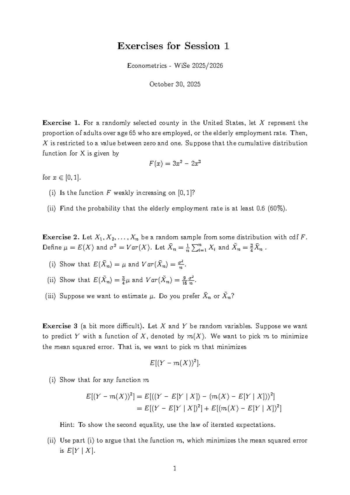 Problem Set 1: Exercises for Econometrics WiSe 2025 - Studocu