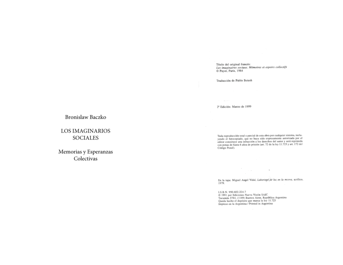 Baczko - Utopía en Los imaginarios sociales - Bronislaw Baczko LOS IMAGINARIOS SOCIALES Memorias ...