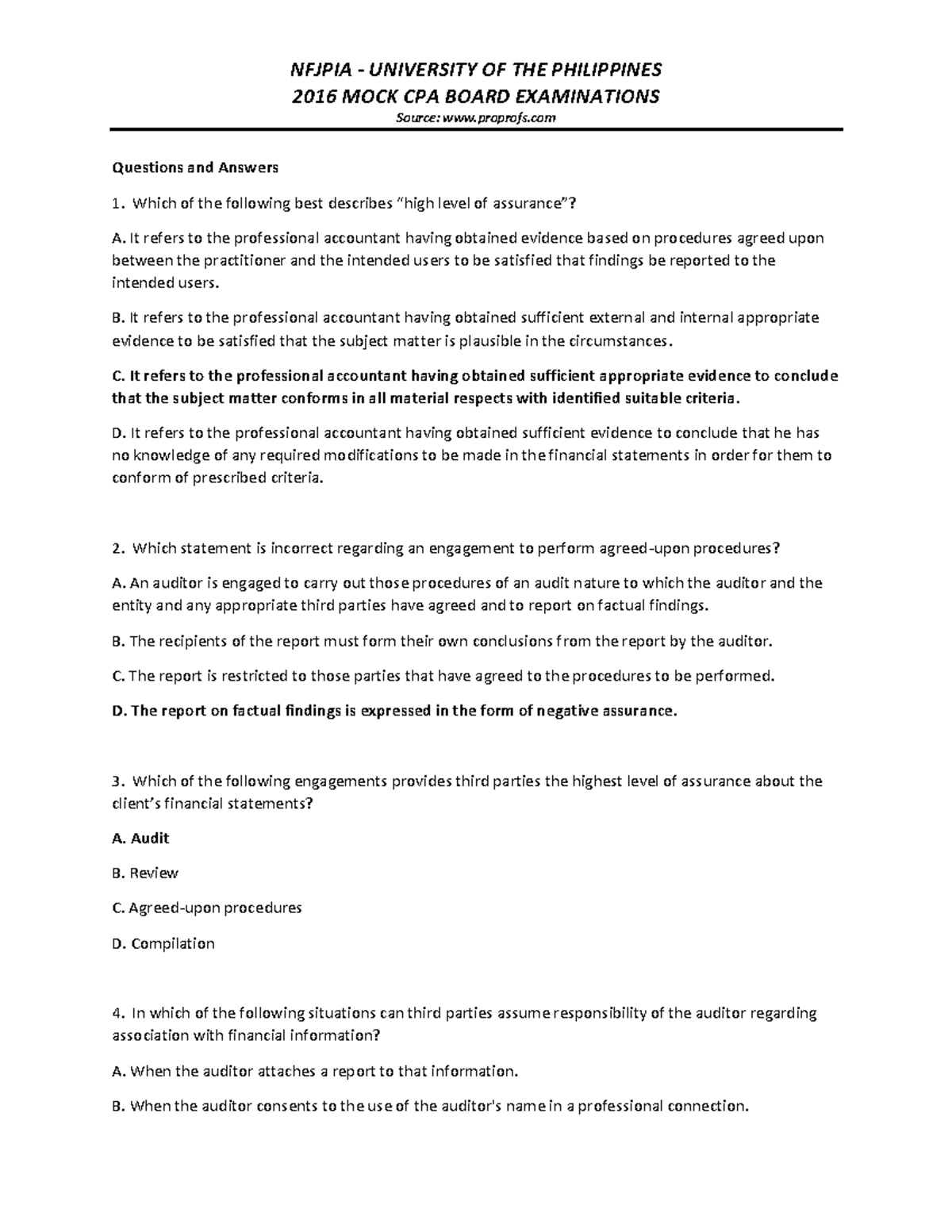 2016 MOCK CPA BOARD EXAM: AUDITING TEST BANK QUESTIONS & ANSWERS - Studocu