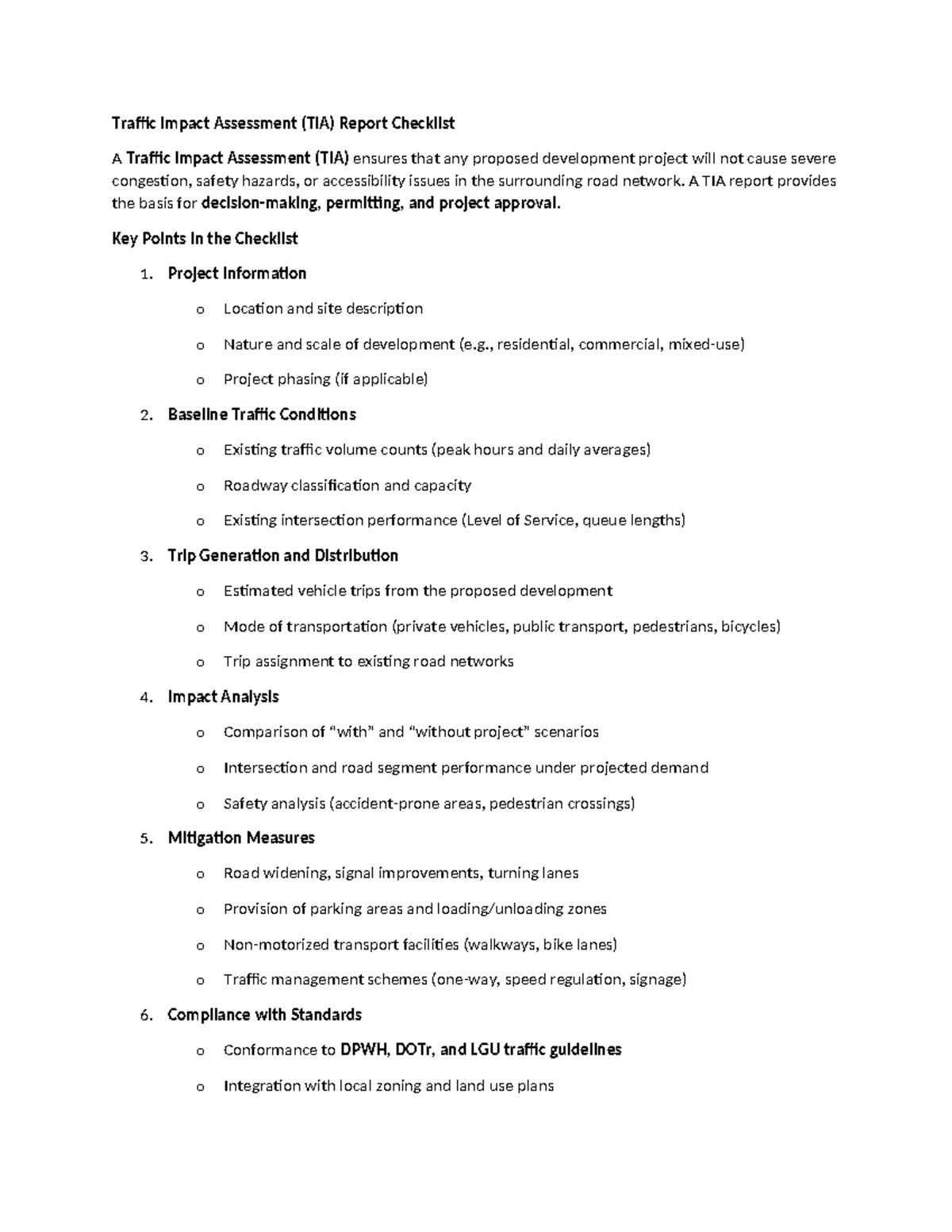 Traffic Impact Assessment (TIA) Report Checklist: Final Review - Studocu