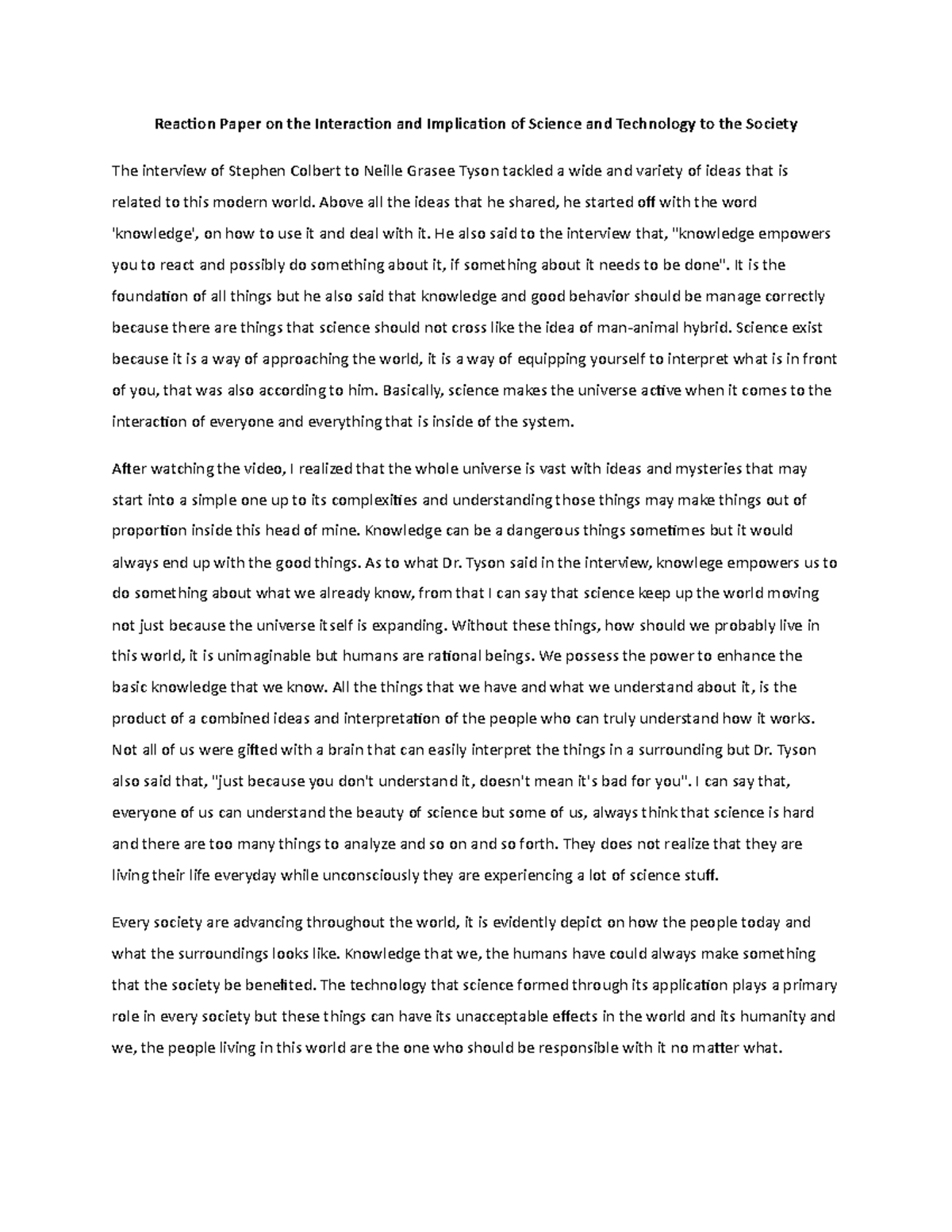 STS - Science and Technology - Reaction Paper on the Interaction and ...