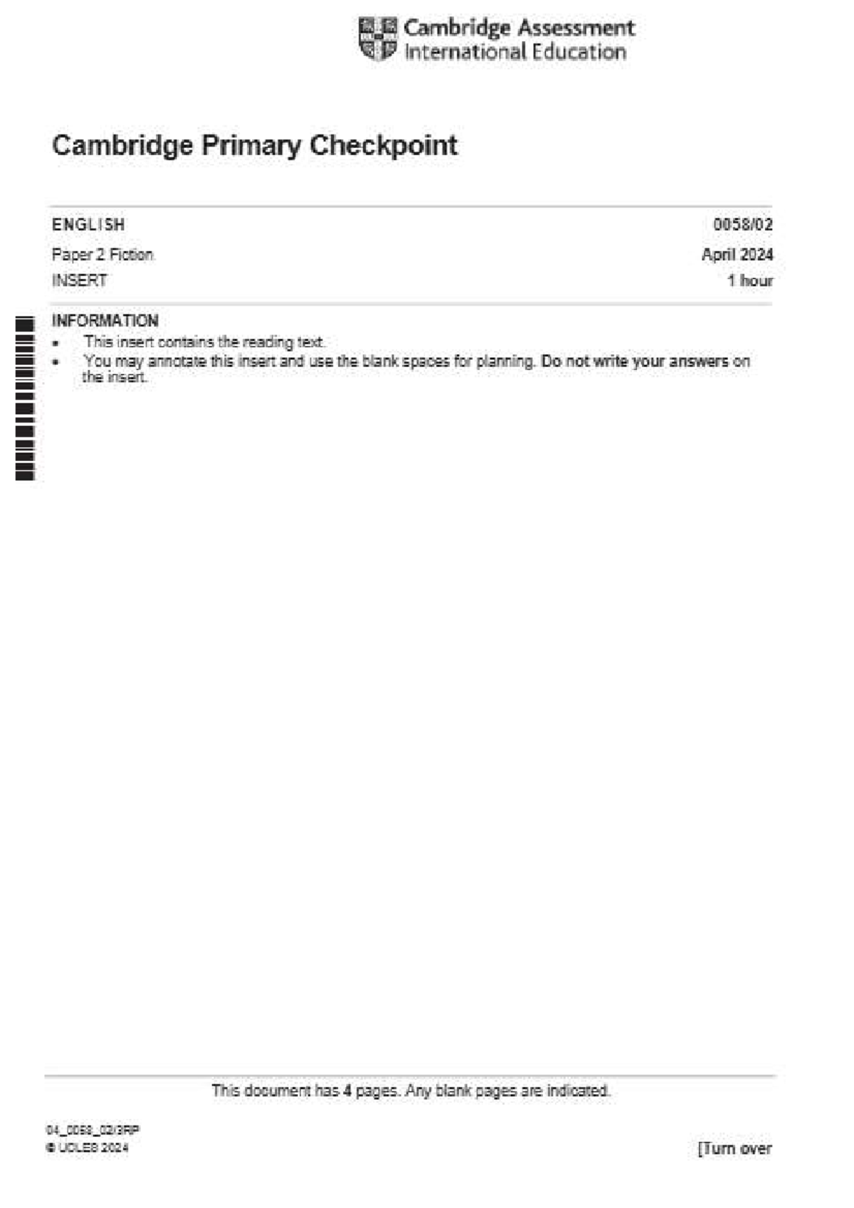 Cambridge Primary Checkpoint ENGLISH 0844 Paper 2 Fiction Insert April ...