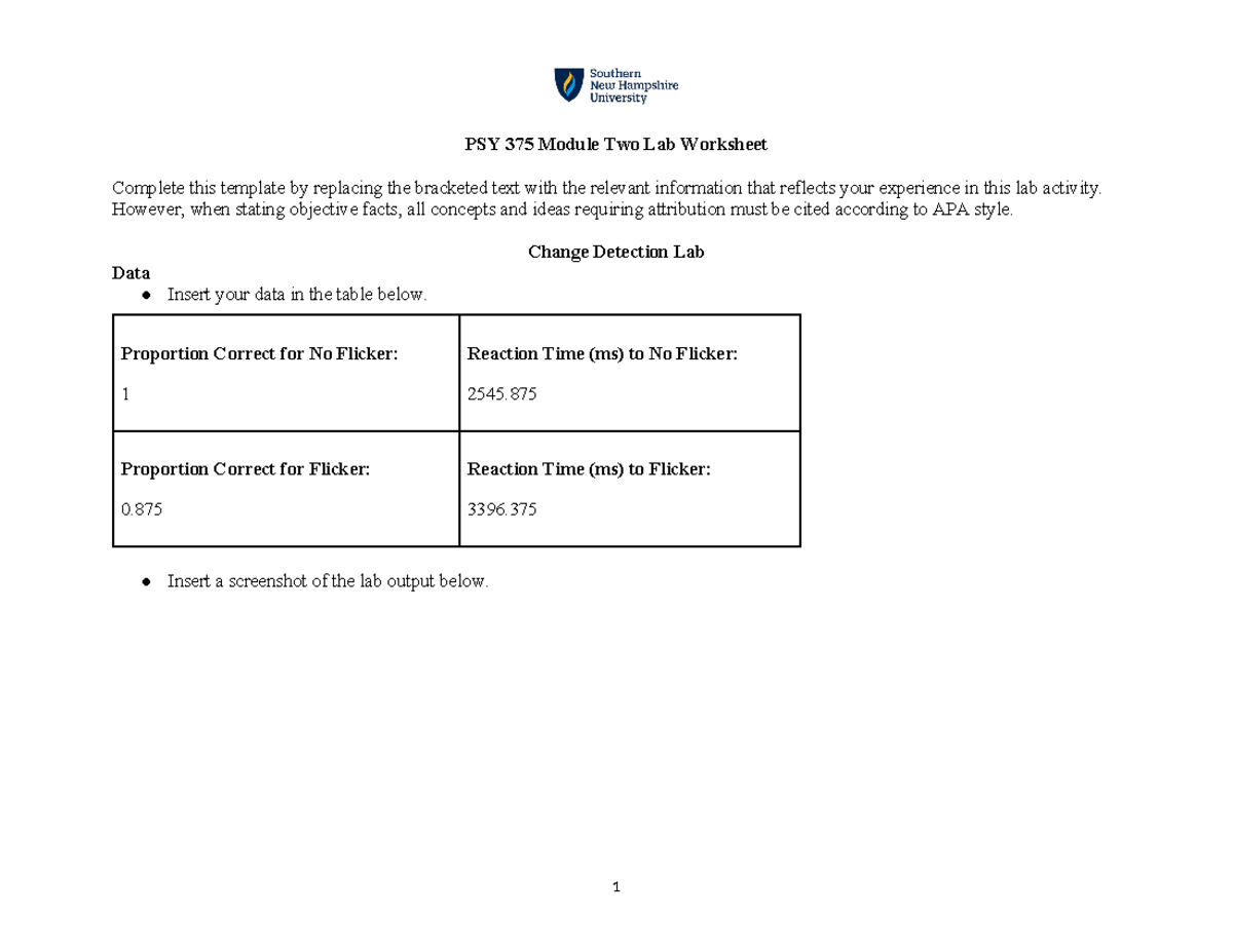 PSY 375 Module Two Lab Worksheet: Change Detection & Stroop Effect - Studocu