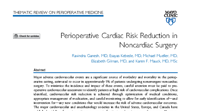 Perioperative Cardiac Risk Reduction in Noncardiac Surgery: A Thematic ...