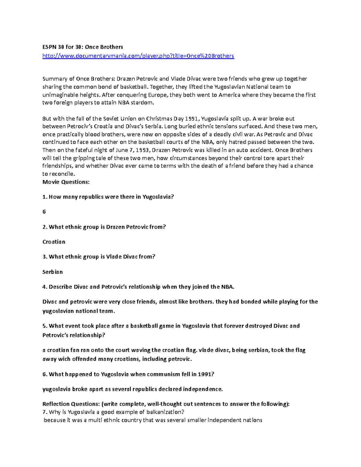 ESPN 30 for 30: Once Brothers Summary & Movie Qs Analysis - Studocu