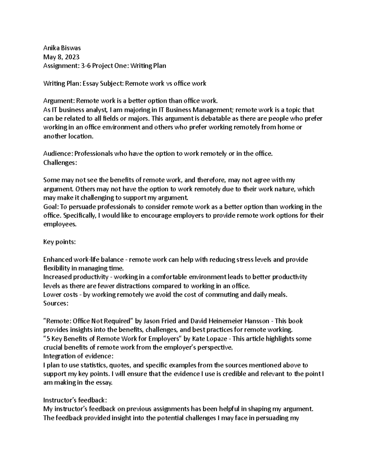 Assignment- 3-6 Project One- Writing Plan - Anika Biswas May 8, 2023 ...