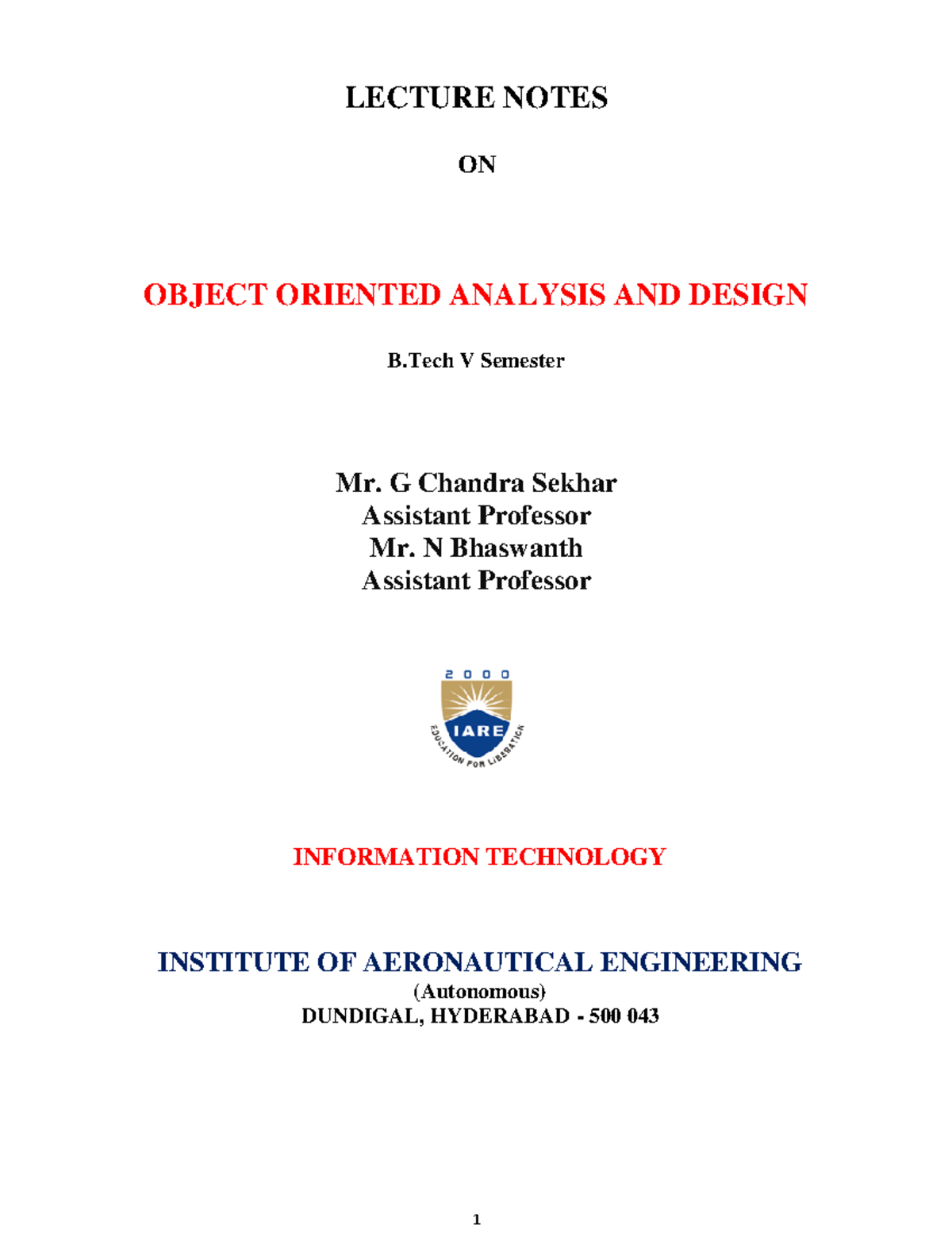 Iare Ooad Lecture Notes All Units Lecture Notes On Object Oriented Analysis And Design B V