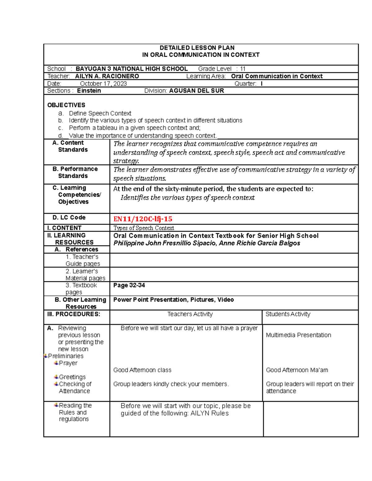 Lesson Plan: Types of Speech Context in Oral Communication 11 - Studocu