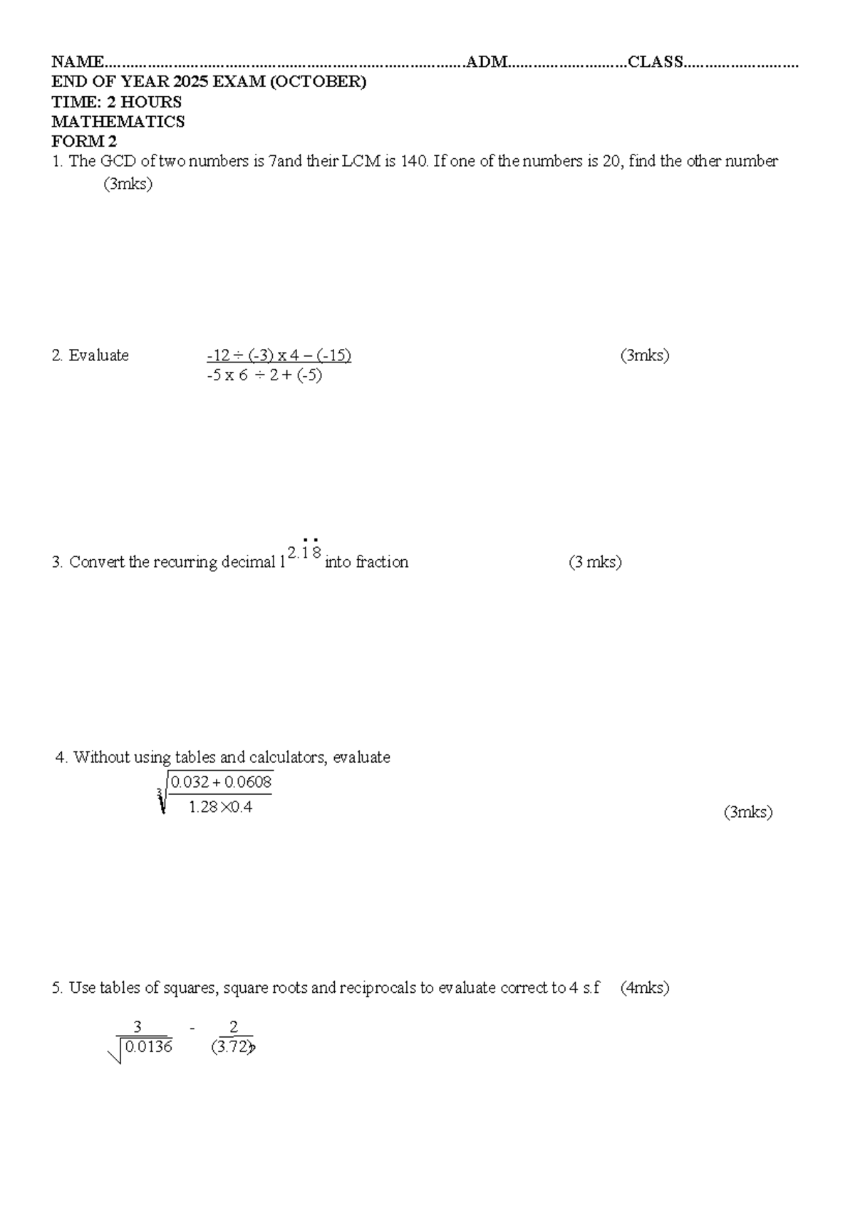 Mathematics F2 End of Year Exam Questions - October 2025 - Studocu