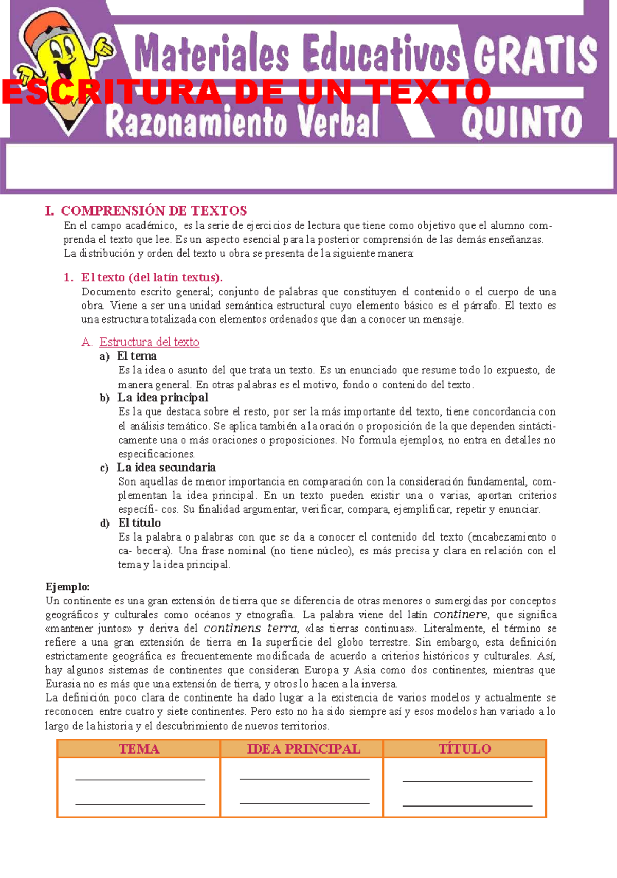ESCRITURA DE UN TEXTO I: COMPRENSIÓN DE TEXTOS PARA QUINTO GRADO - Studocu