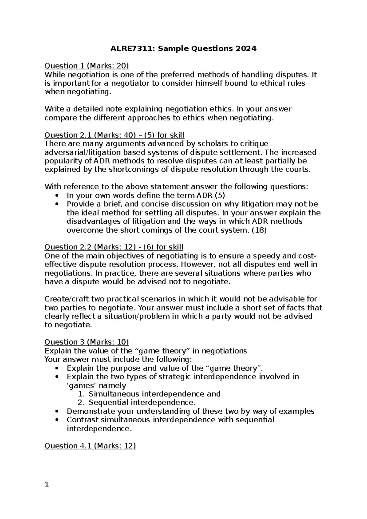 ALRE7311: Sample Questions on Negotiation Ethics & ADR Methods - Studocu