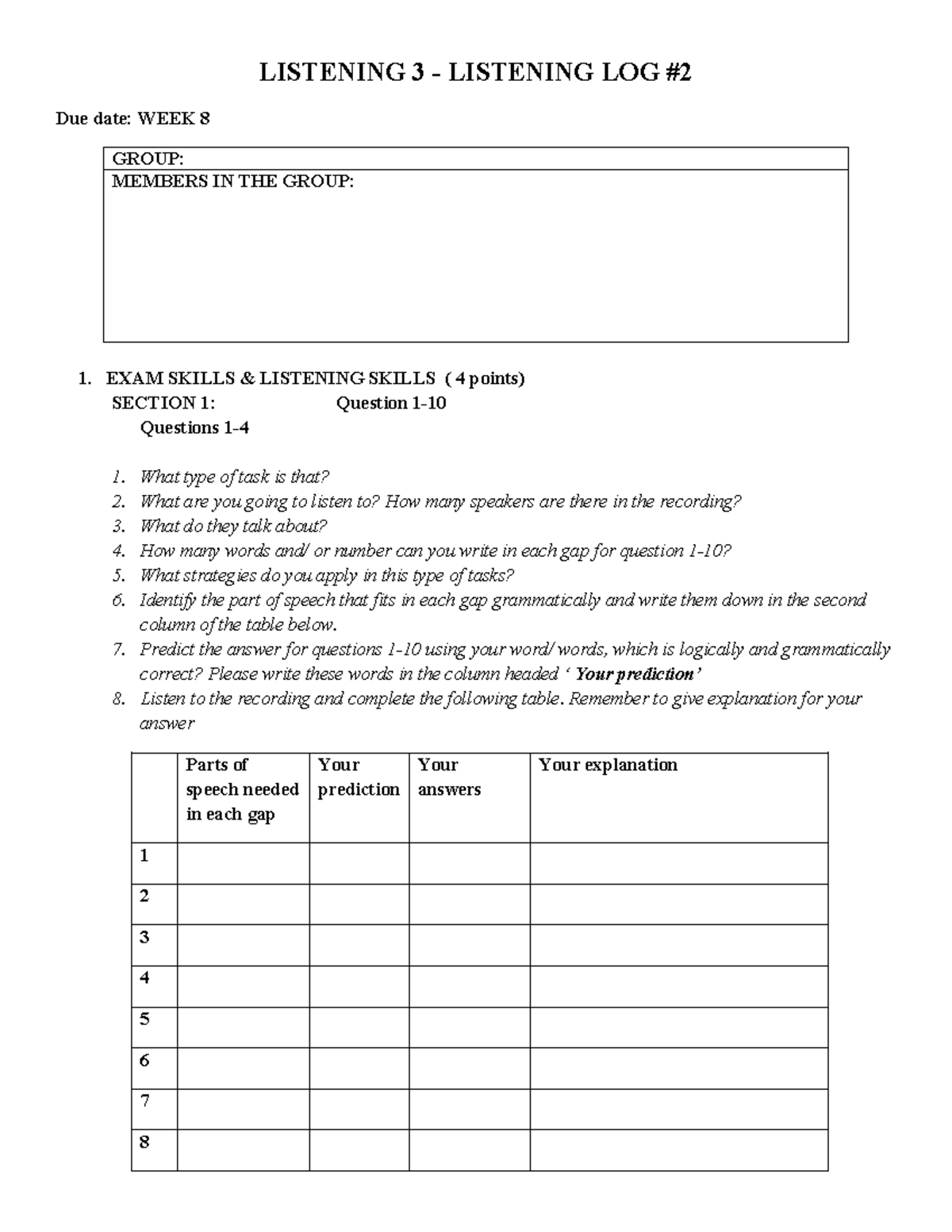 Listening Skills Log: Exam Preparation for Listening Tasks (W8) - Studocu
