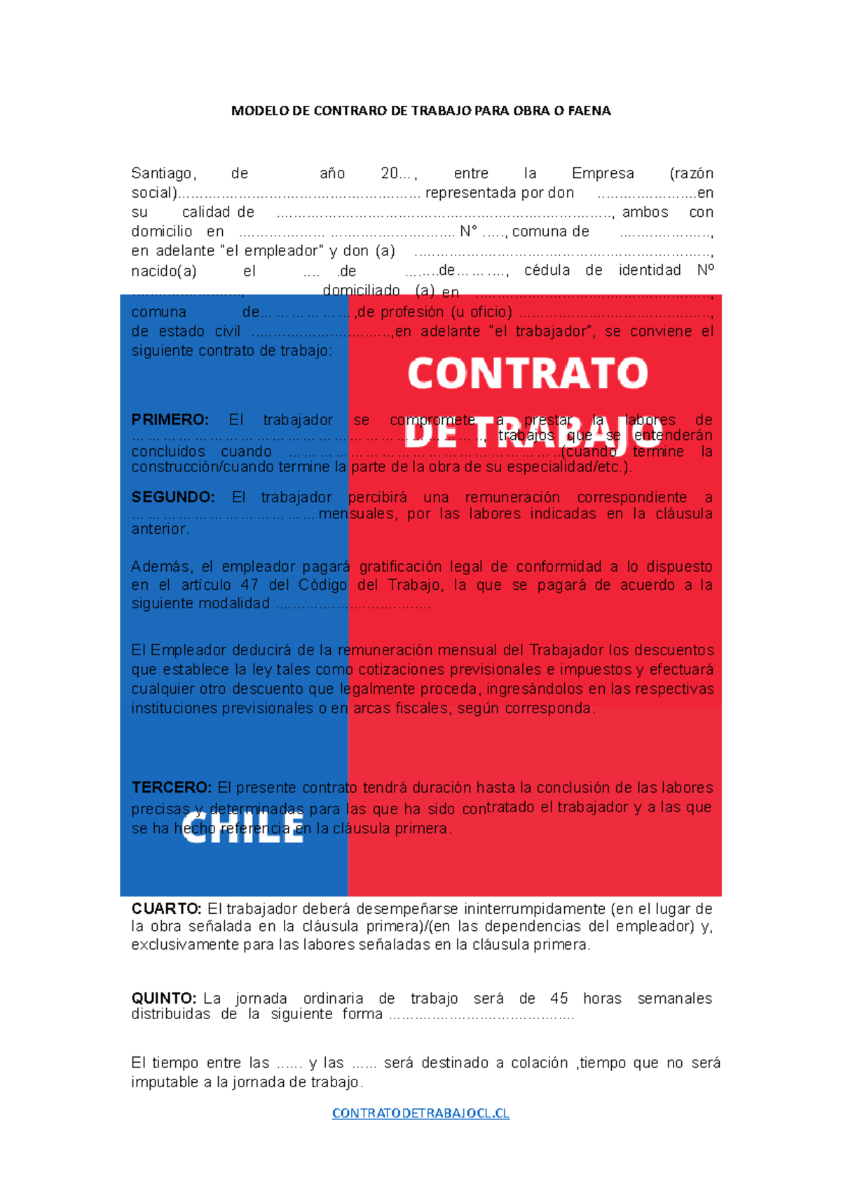 Contrato de Trabajo por Obra o Faena Chile WORD - MODELO DE CONTRARO DE TRABAJO PARA OBRA O ...