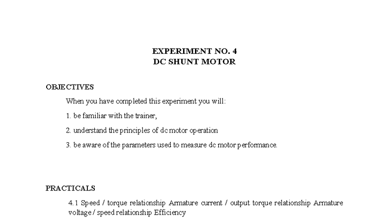 Experiment No. 4: DC Shunt Motor Characteristics and Performance ...