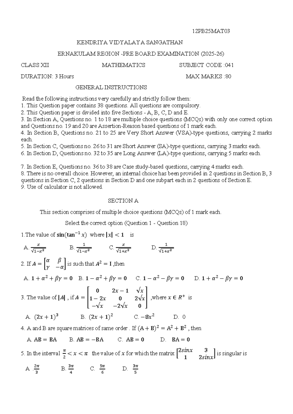 KV Class 12 Pre Board Mathematics Question Paper 2025-26 - Studocu