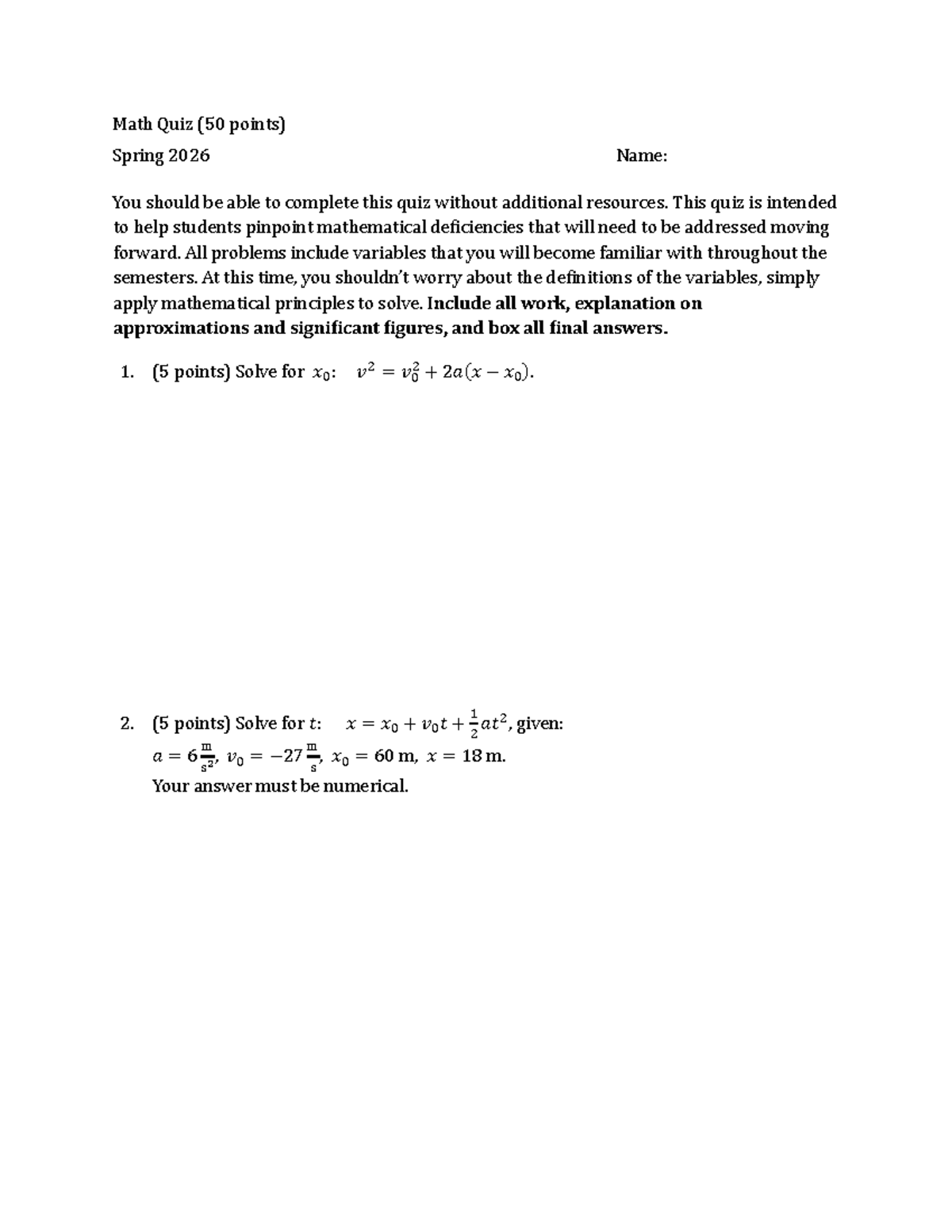 Math Quiz (50 pts) Spring 2026 - Problem Solving Guide - Studocu