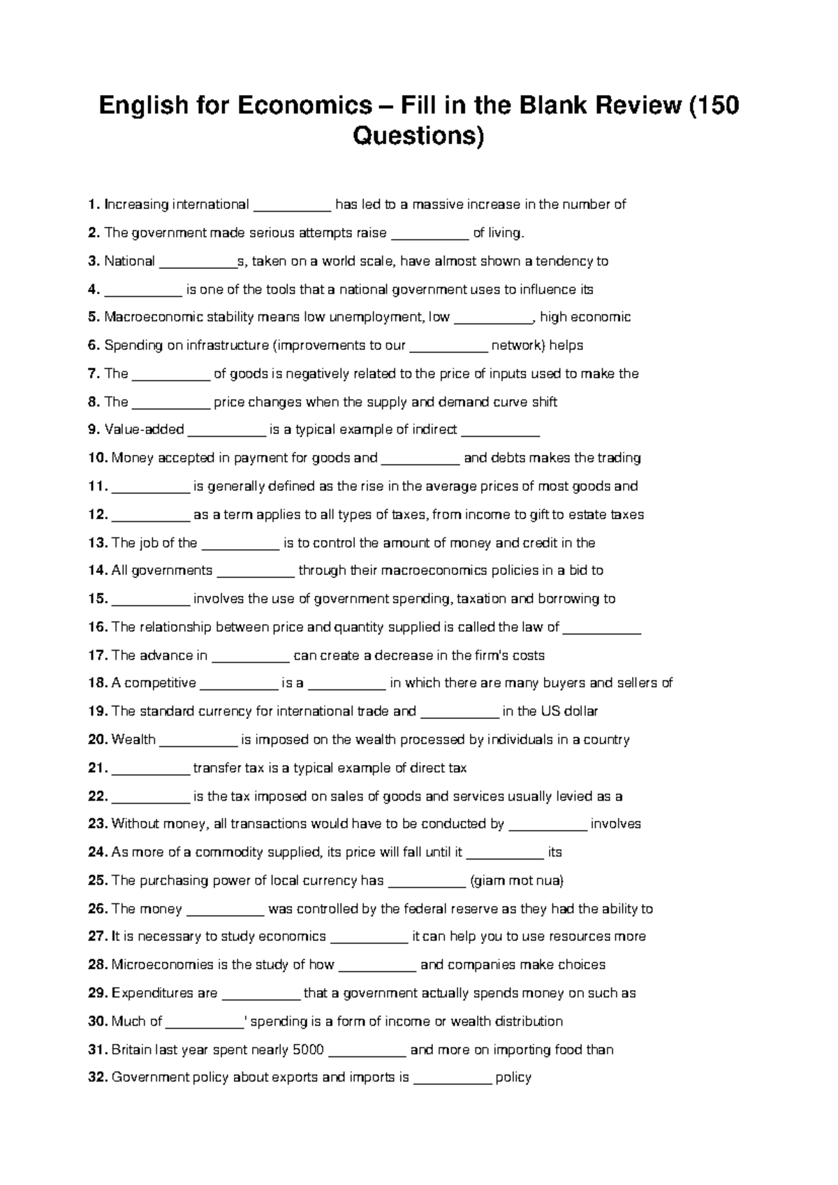 Economics Fill-in-the-Blank Review (150 Questions) - Studocu