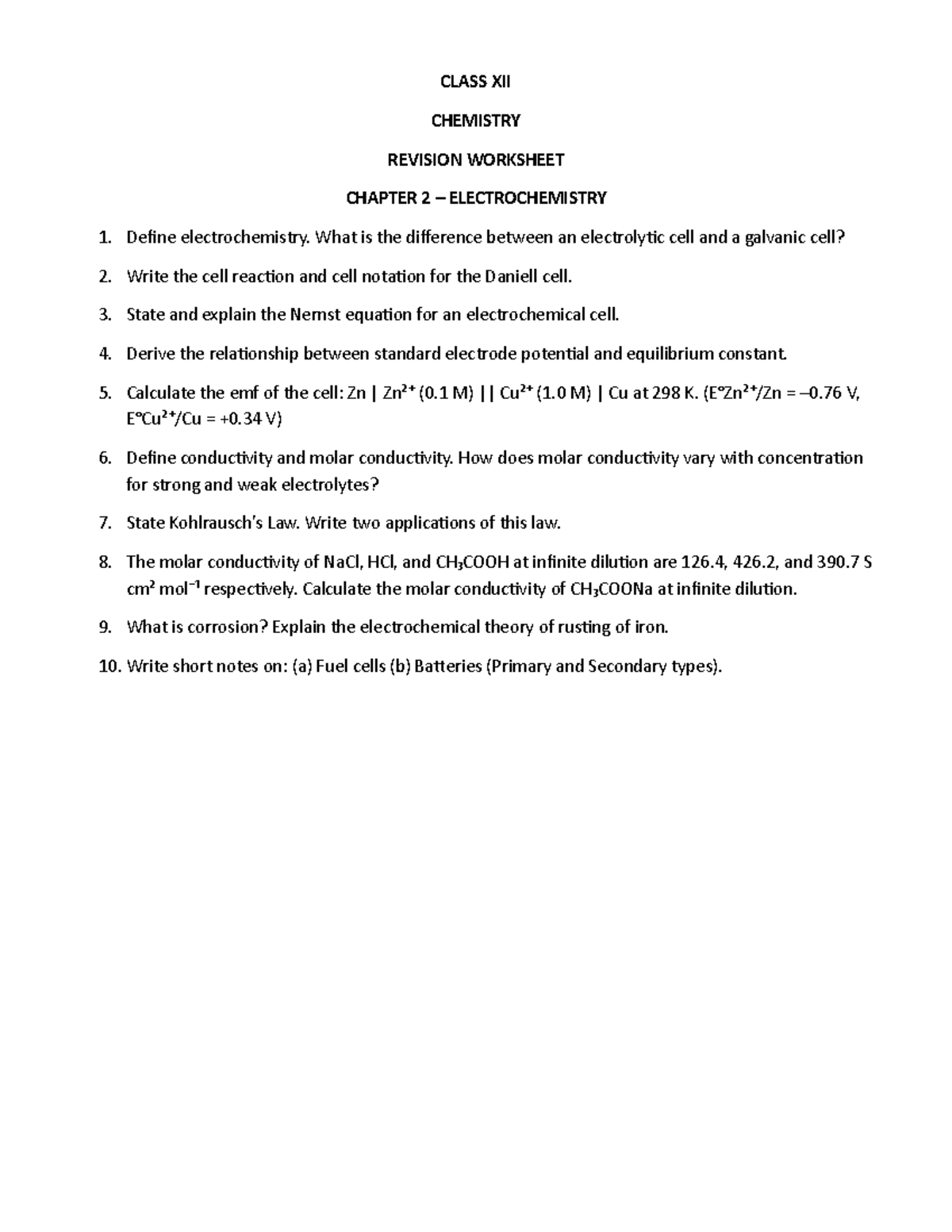 CLASS XII CHEMISTRY REVISION WORKSHEET: CHAPTER 2 ELECTROCHEMISTRY ...