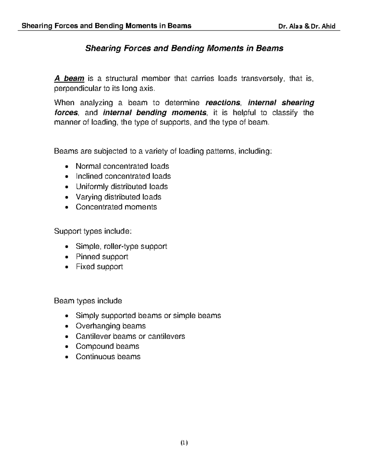 Shearing Forces and Bending Moments in Beams - MECH 101 Lecture Notes ...