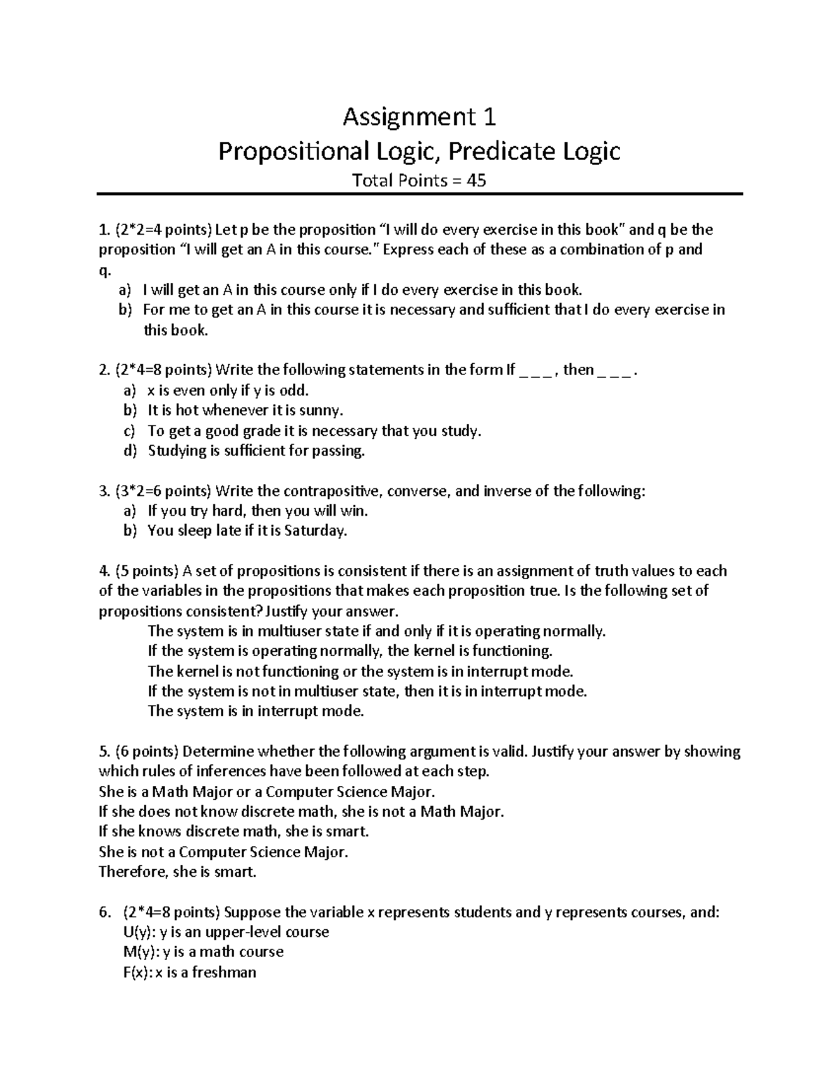 Assignment 1: Propositional & Predicate Logic Analysis - Studocu