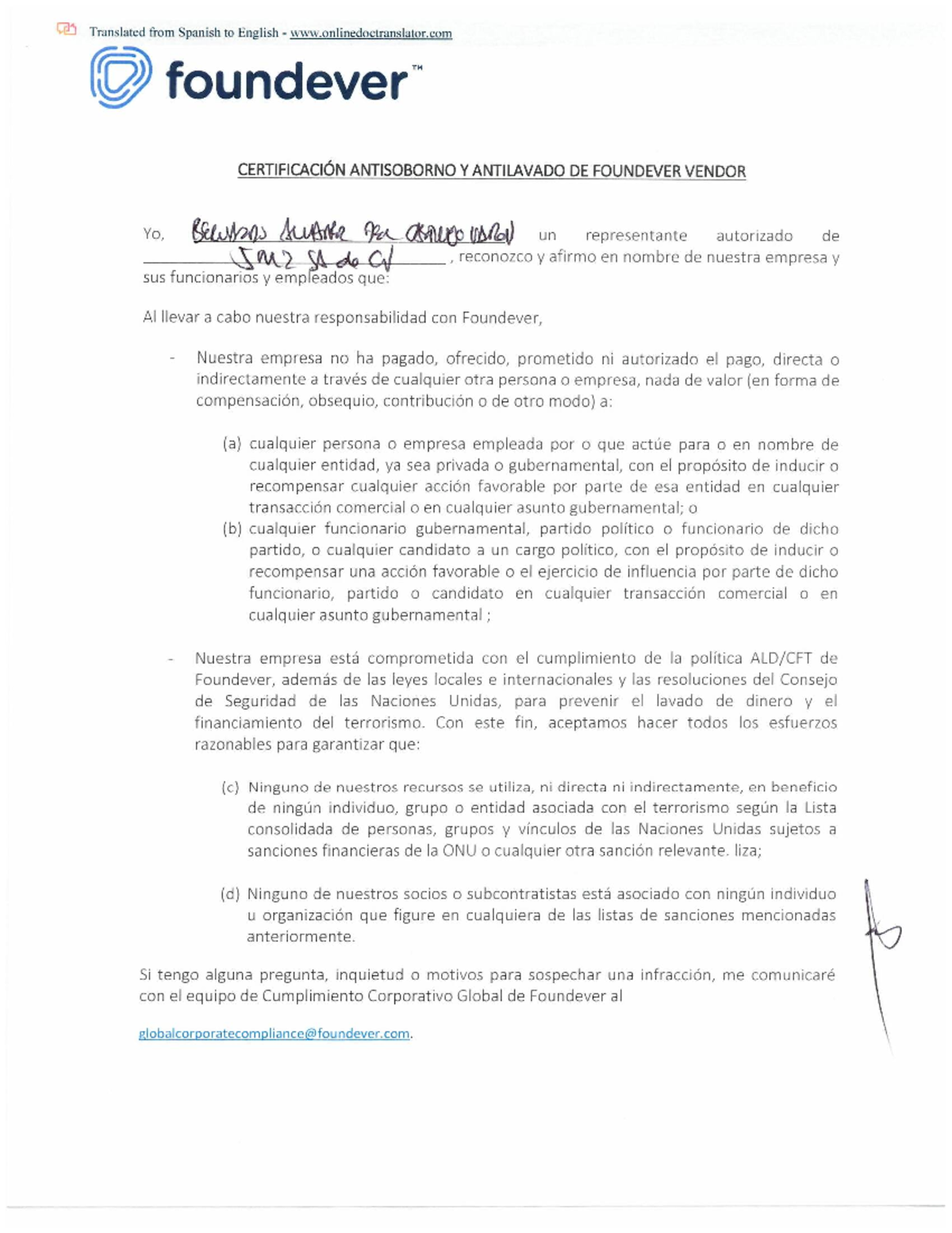 Anti-Bribery Vendor Certification ENG - Foundever Compliance - Studocu