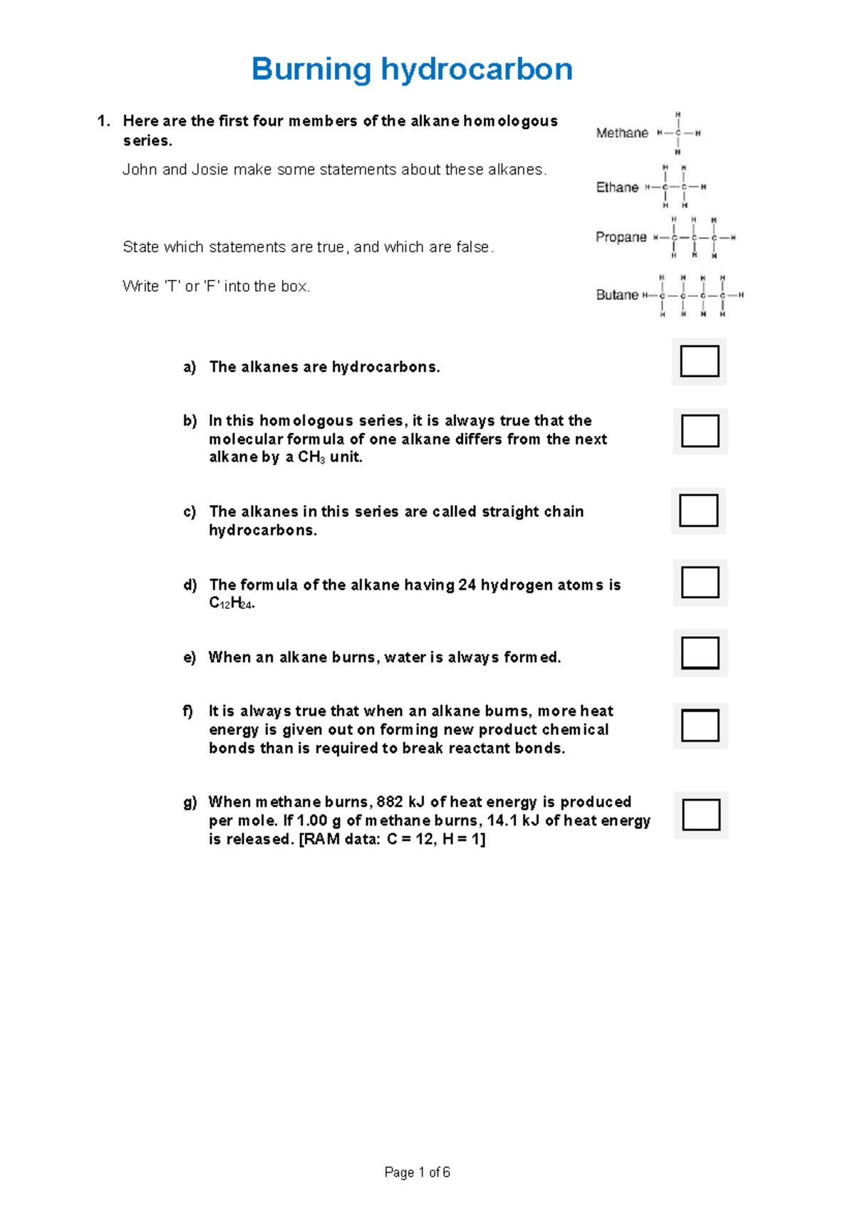Burning Hydrocarbons: Alkanes and Combustion Reactions Worksheet - Studocu