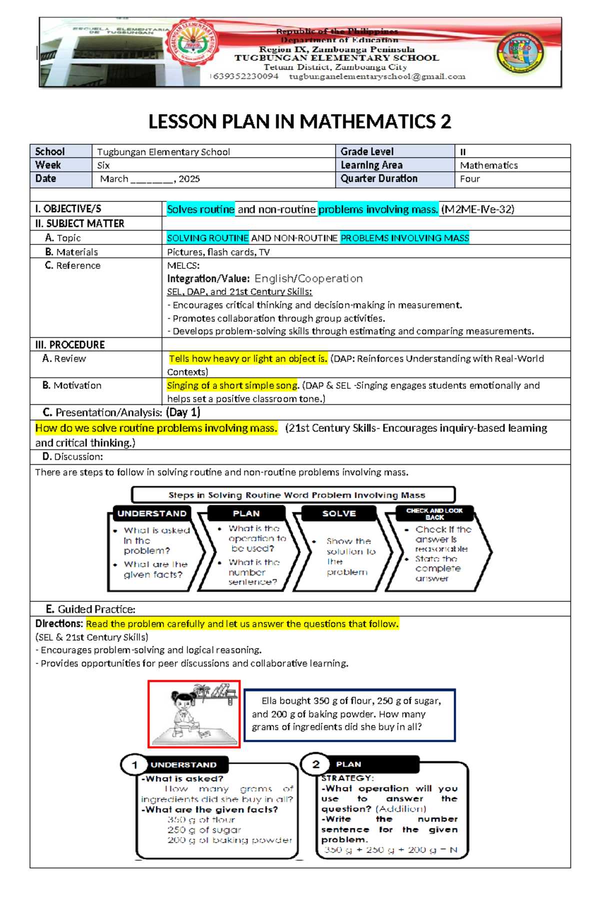 MATH 2 LESSON PLAN: Solving Routine Problems Involving Mass - Studocu