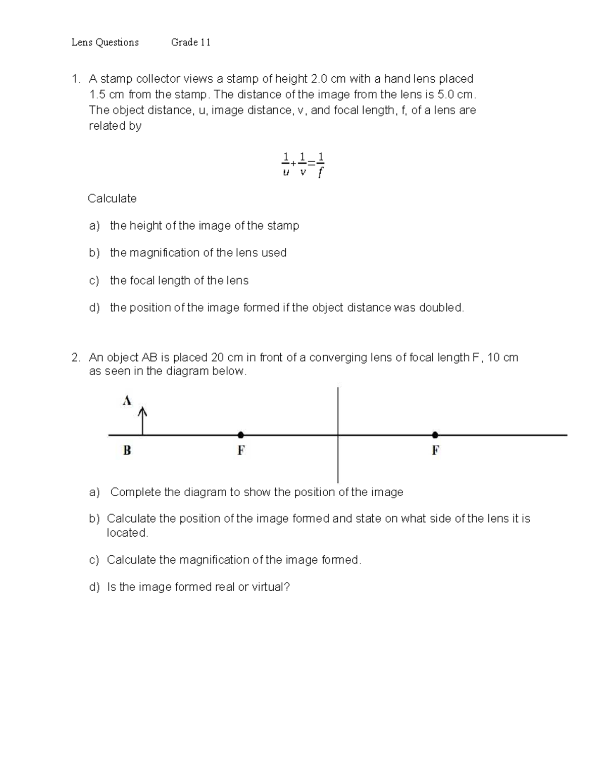 Lens Worksheet - Practice Questions for Convex Lenses (Grade 11) - Studocu