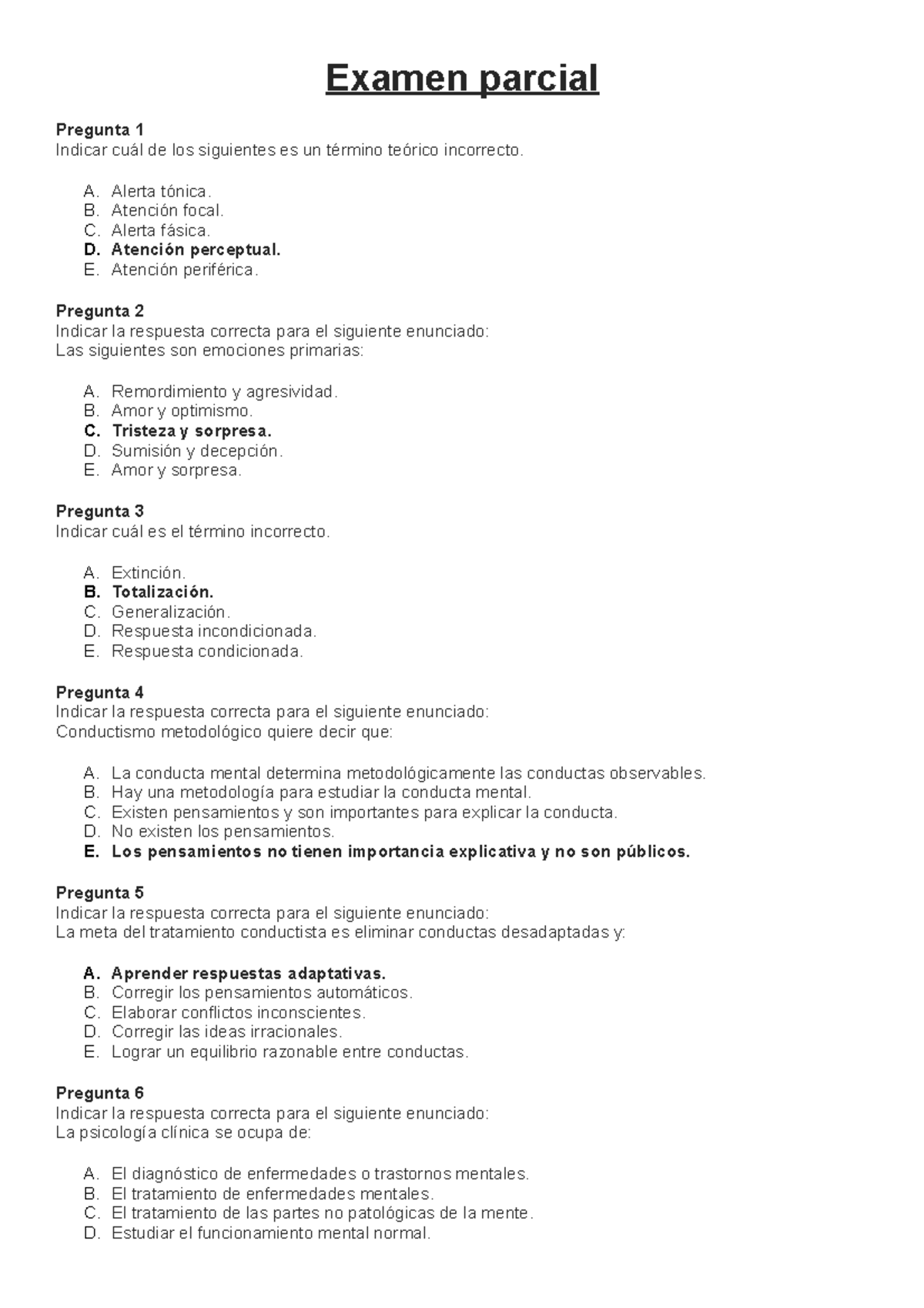 Examen Parcial de Psico: Preguntas y Respuestas Clave - Studocu