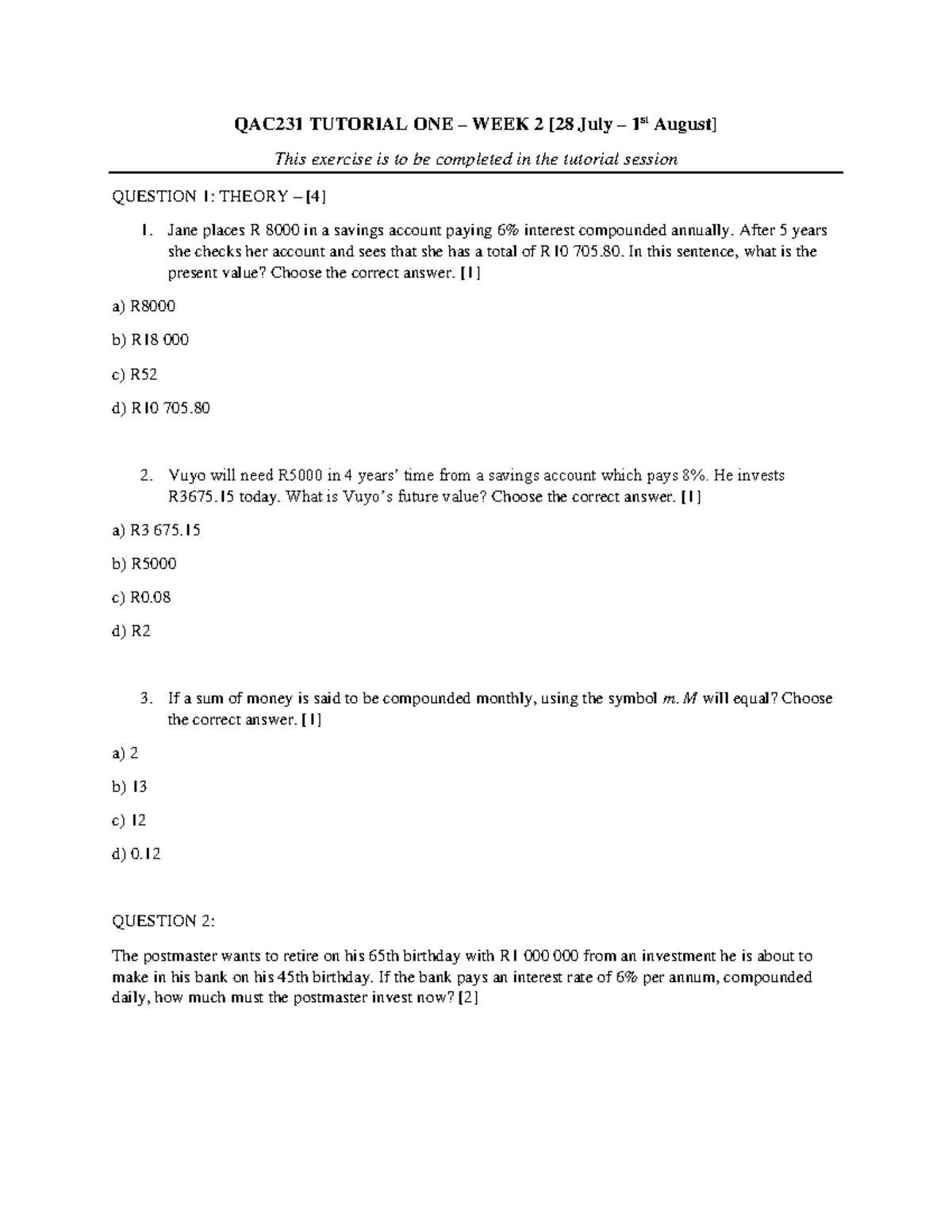 QAC231 Tutorial 1: Week 2 Exercises and Questions - Studocu