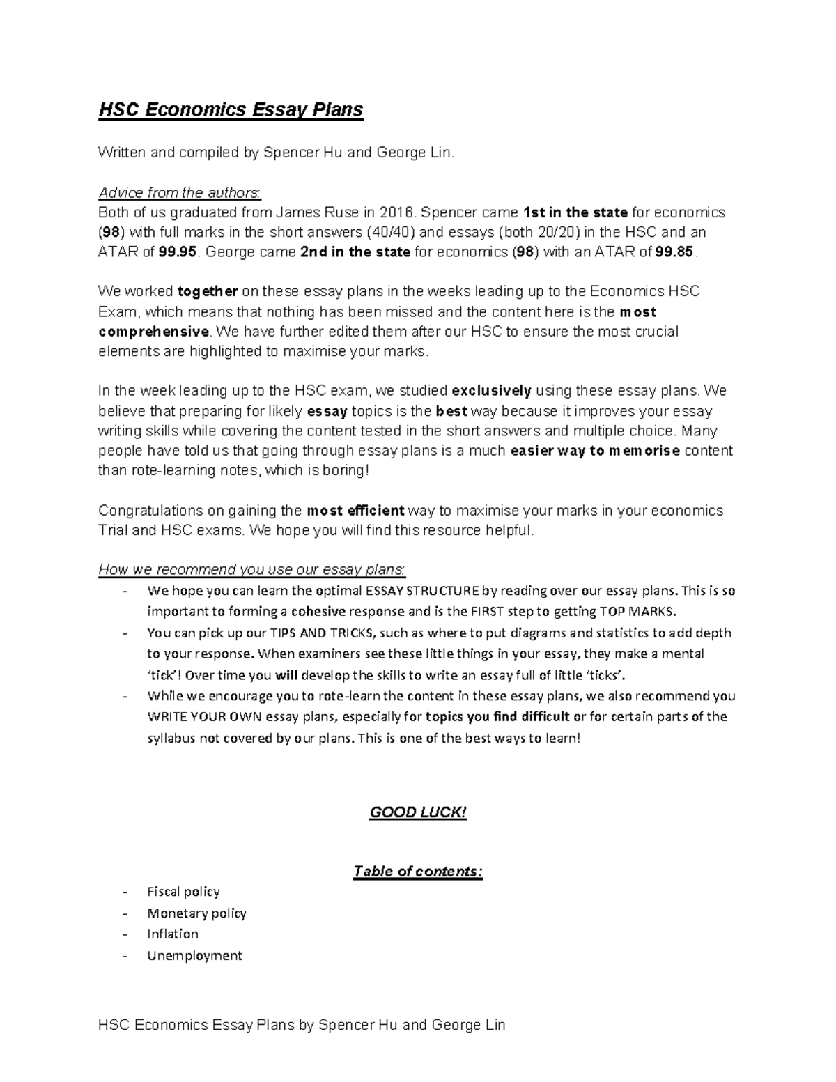 HSC Economics Essay Plans by State Rank 1st Spencer Hu & 2nd George Lin ...